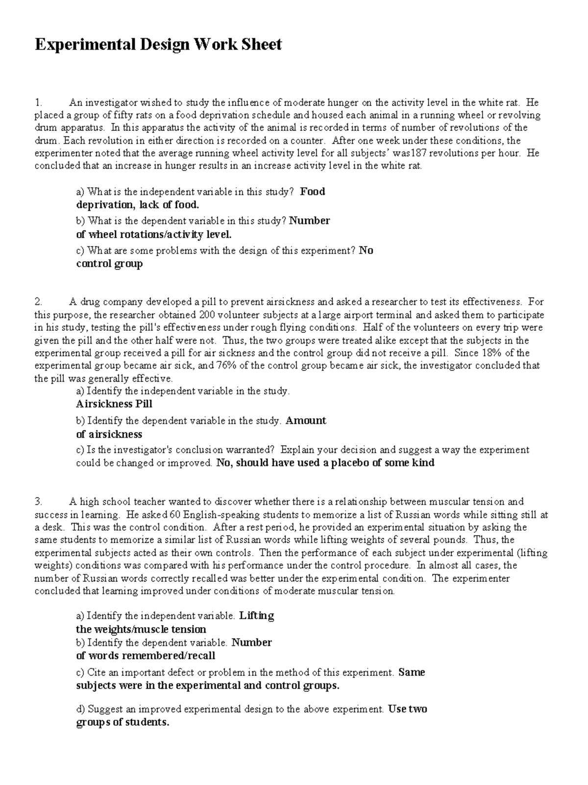 Experimental+Design+Work+Sheet+Answer+Key - a) Identify the independent ...