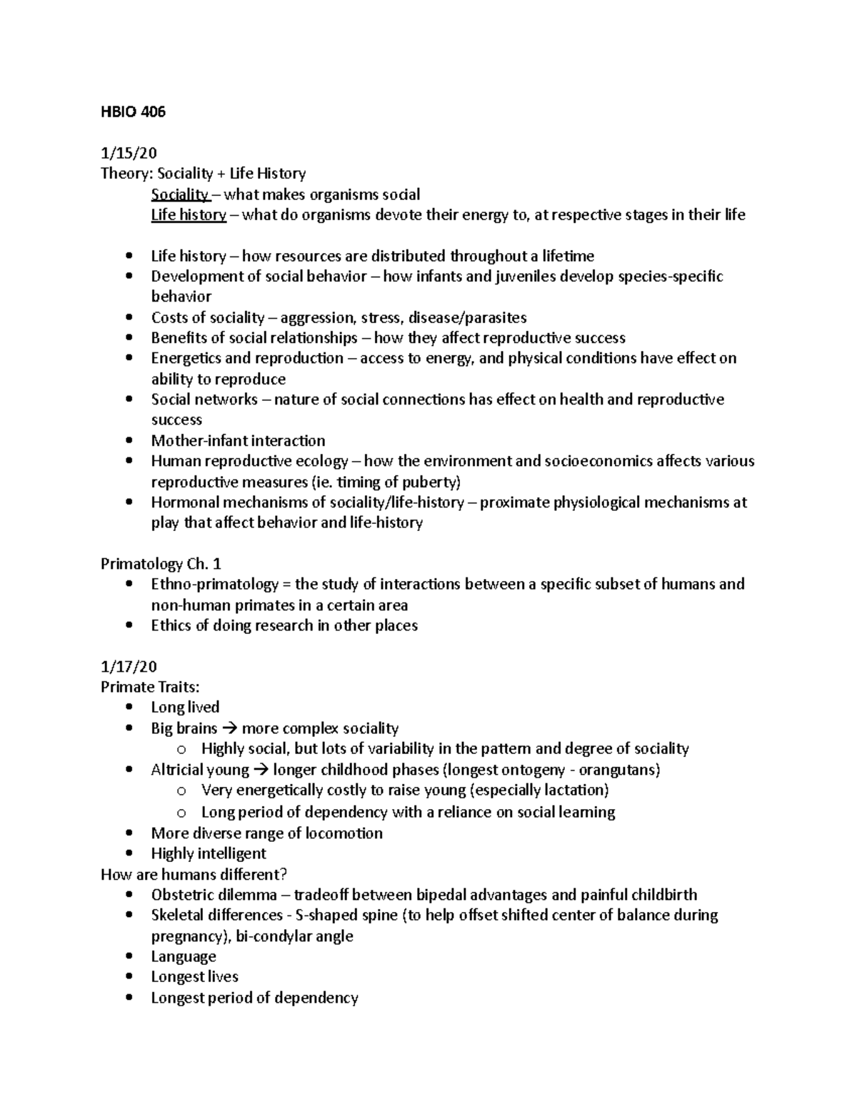 HBIO 406 - Class notes - HBIO 406 1/15/ Theory: Sociality + Life ...