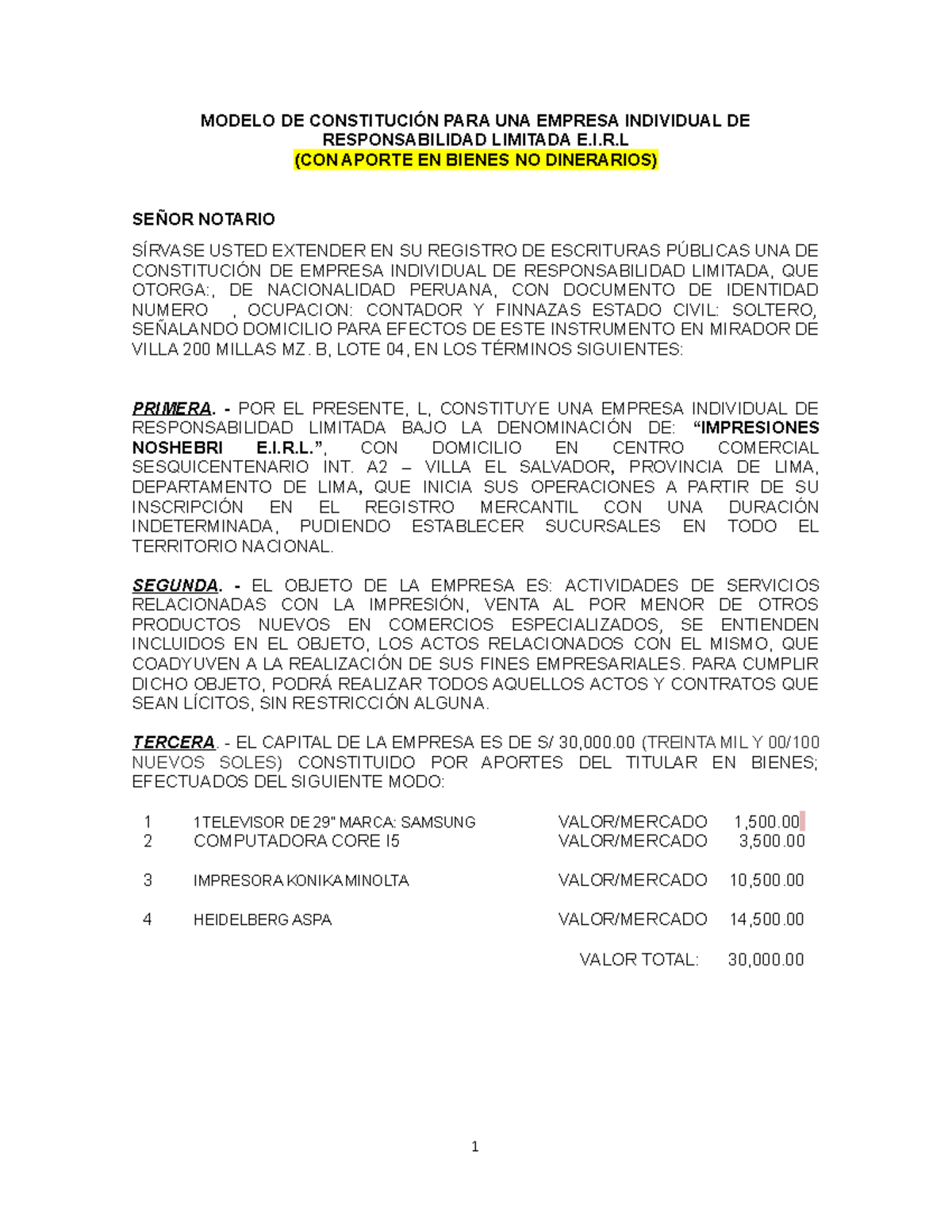 Formato de Minuta EIRL derecho empresarial - MODELO DE CONSTITUCIÓN PARA UNA EMPRESA INDIVIDUAL ...