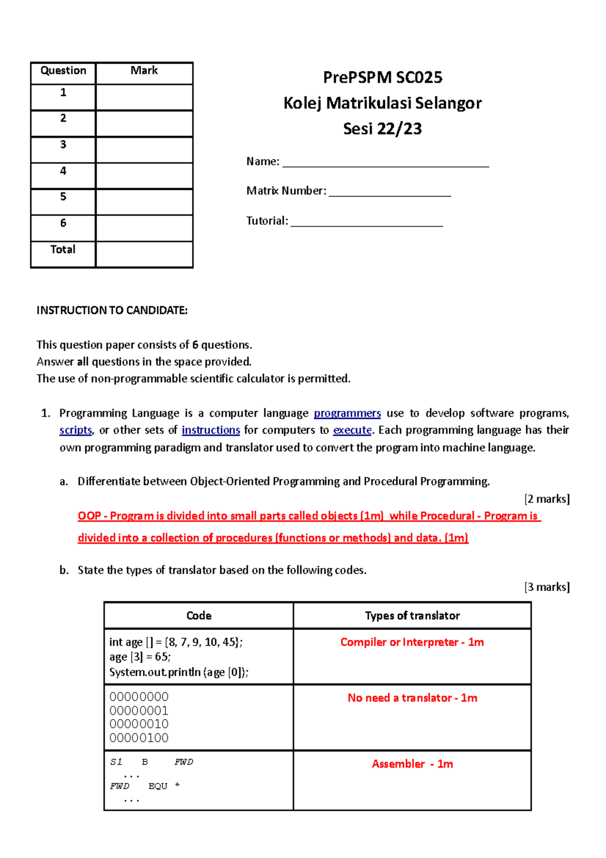 Ans Pre PSPM KMS SC025 2022 2023 - Question Mark 1 2 3 4 5 6 Total INSTRUCTION TO CANDIDATE ...