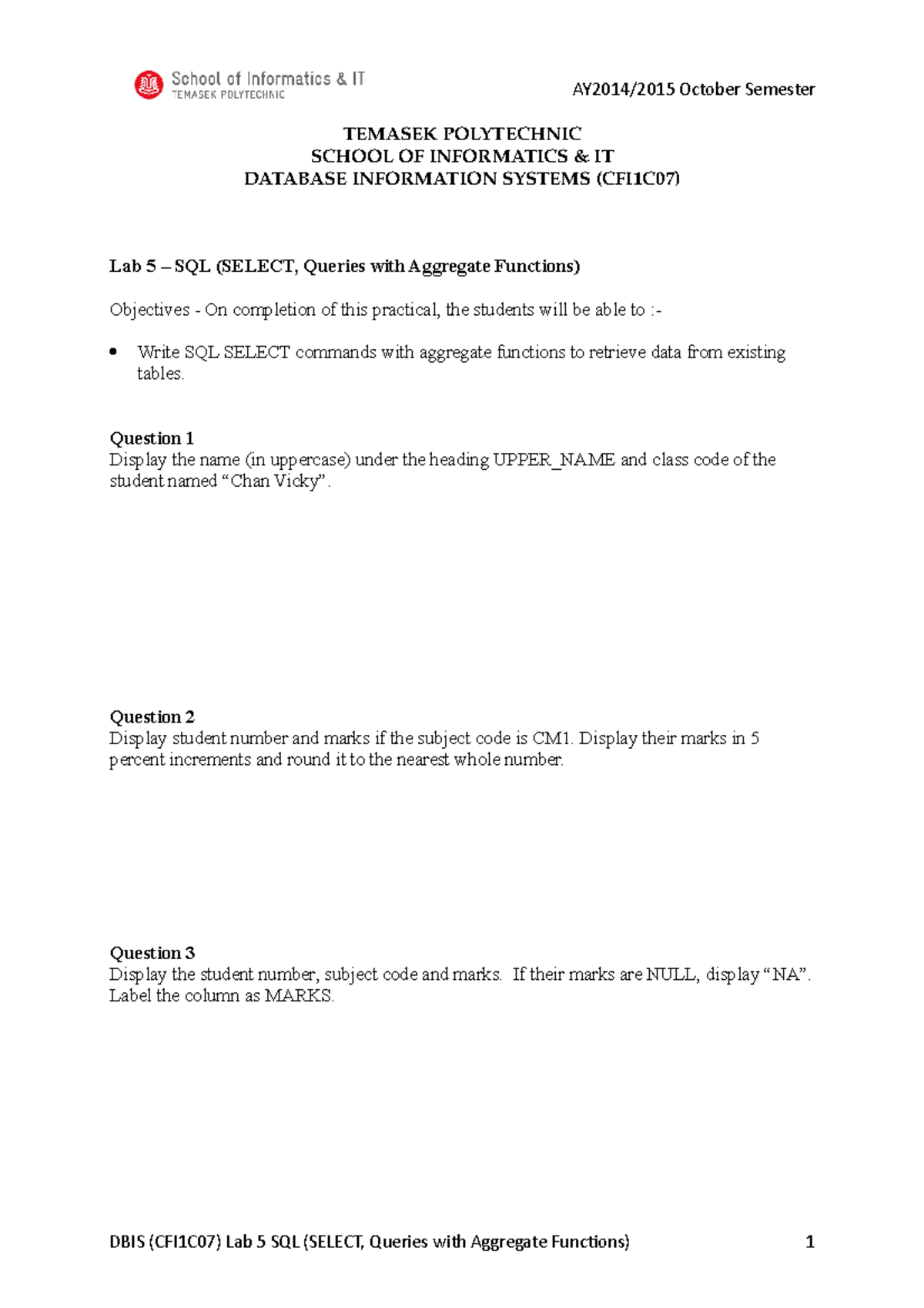 P05 SQL ( Select, Queries with Aggregate Functions) - TEMASEK ...