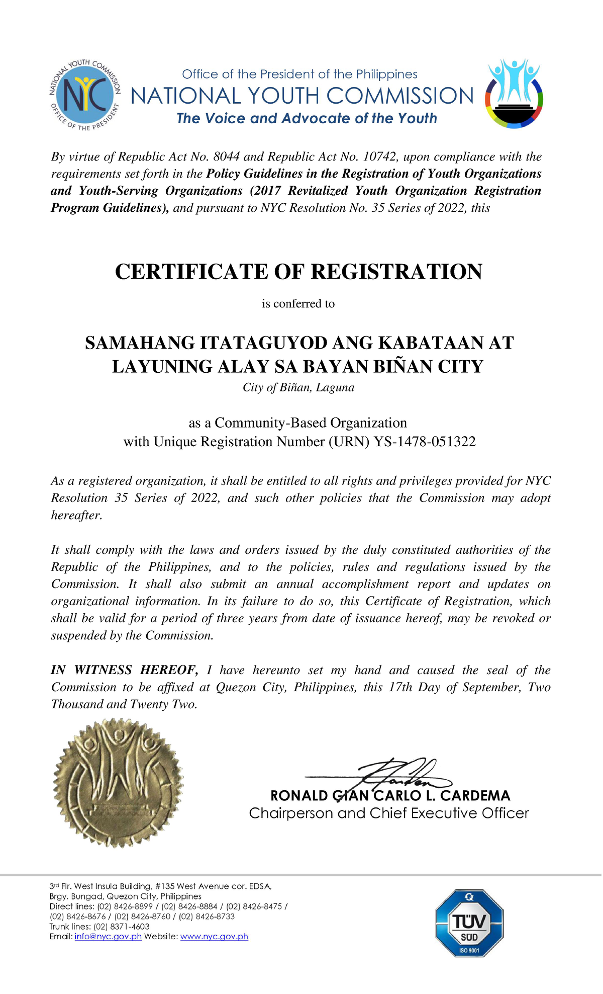 Siklab Biñan CITY YORP Registration CERT - By virtue of Republic Act No ...