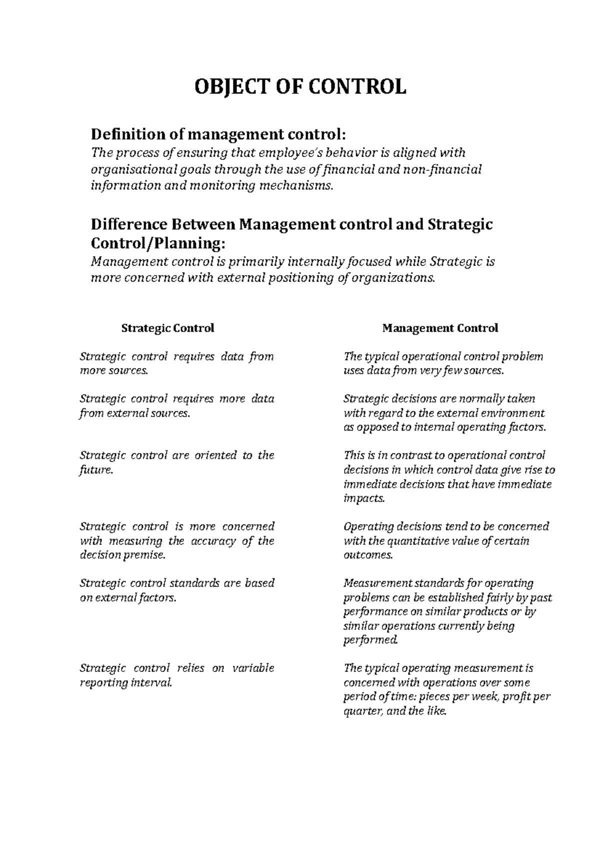 Object OF Control - Summary Advanced Management Accounting - OBJECT OF ...