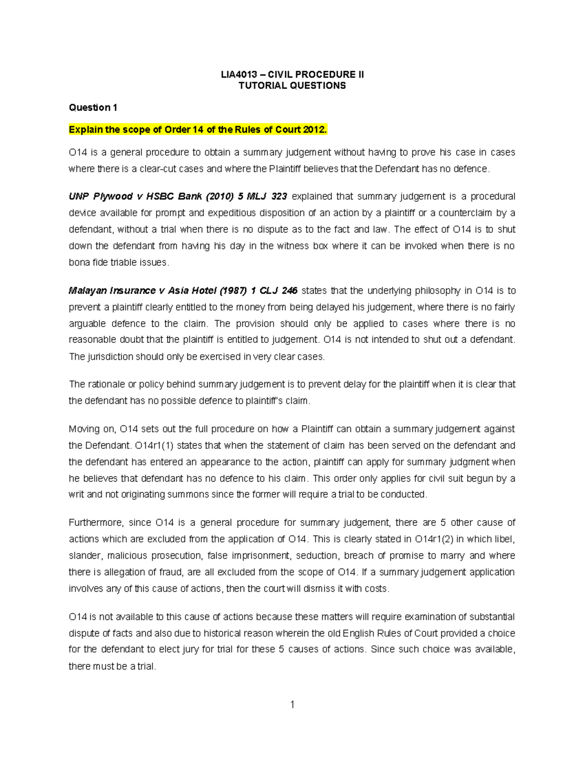1. Tutorial Questions (2023 2024) - LIA4013 – CIVIL PROCEDURE II ...