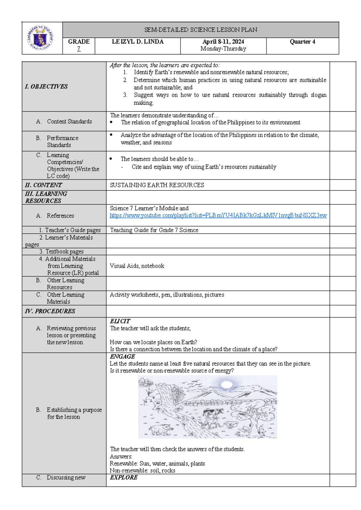 LP Sustaining Earth Resources - SEM-DETAILED SCIENCE LESSON PLAN GRADE ...