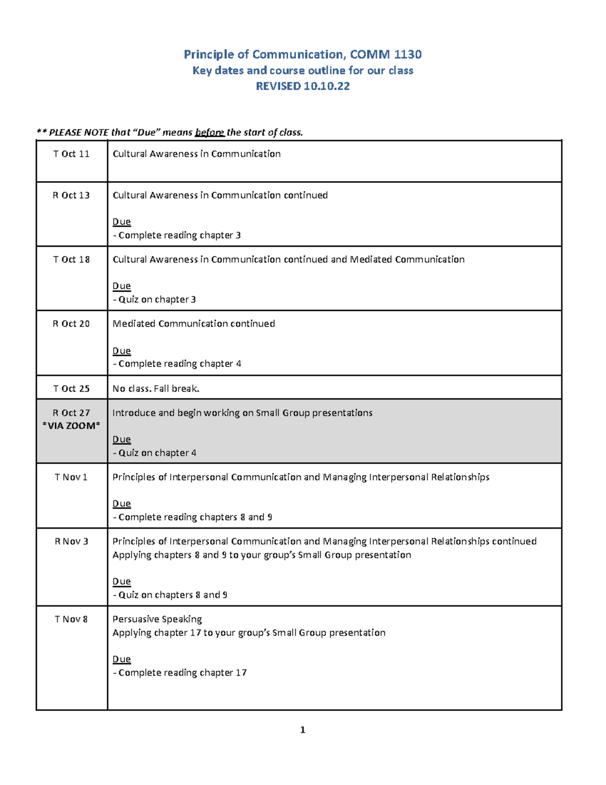 Revised 10.10.22 COMM 1130 Syllabus Fall 2022 - Class Schedule ONLY ...