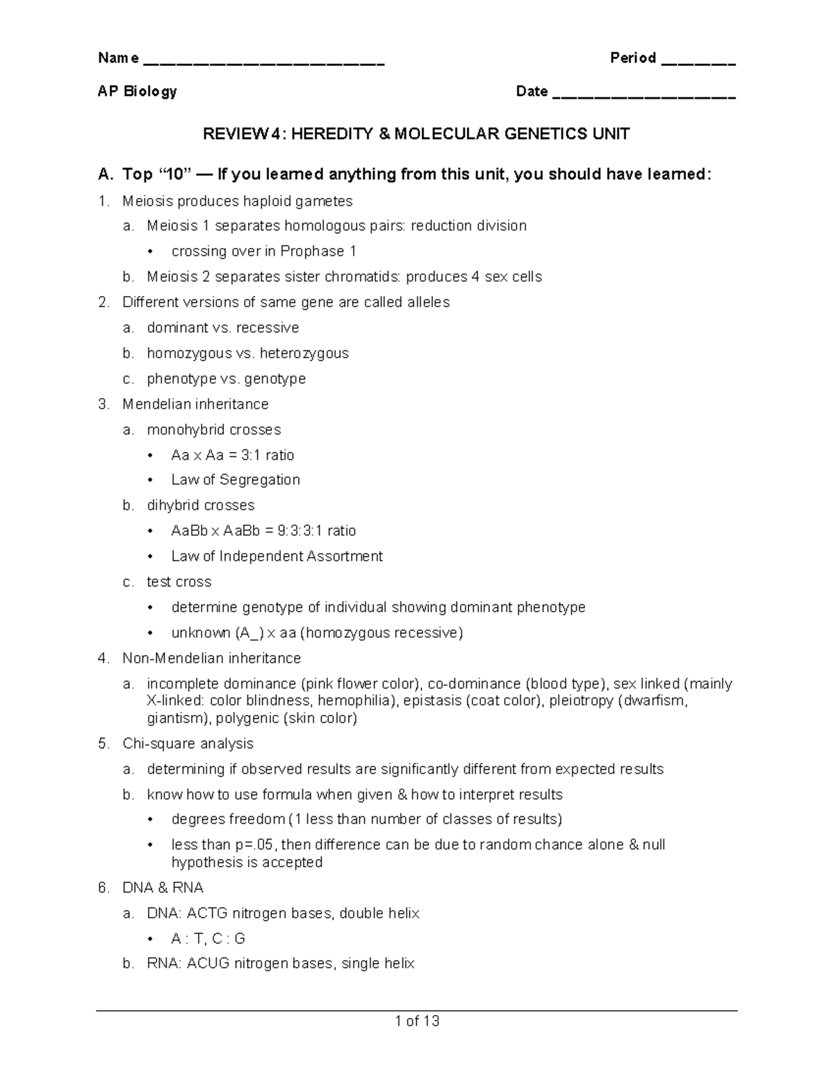 Review 04 Genetics - Name _____________________________ Period ...