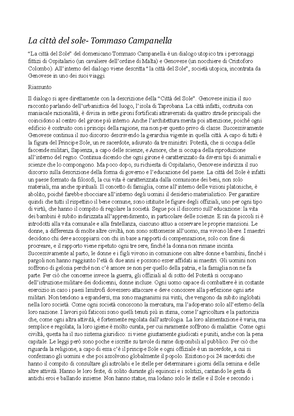 La città del sole - All’interno del dialogo viene descritta “la città ...