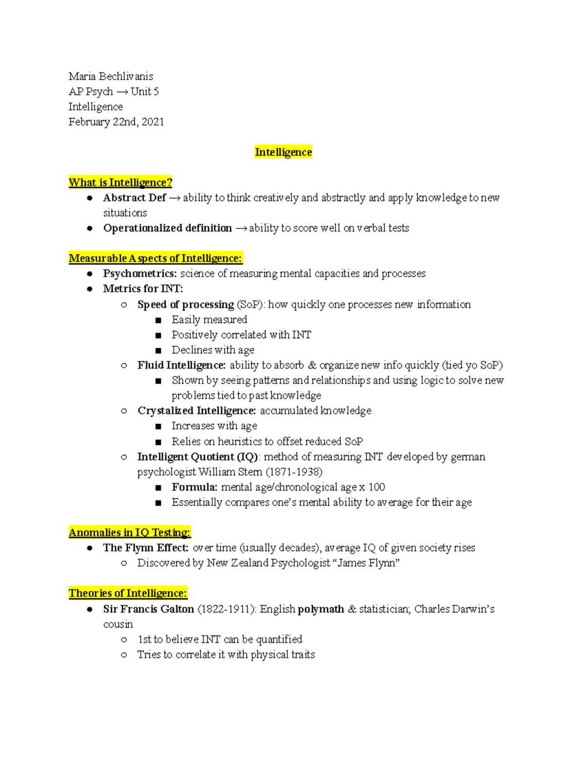 AP Psych - Intelligence - Maria Bechlivanis AP Psych → Unit 5 ...