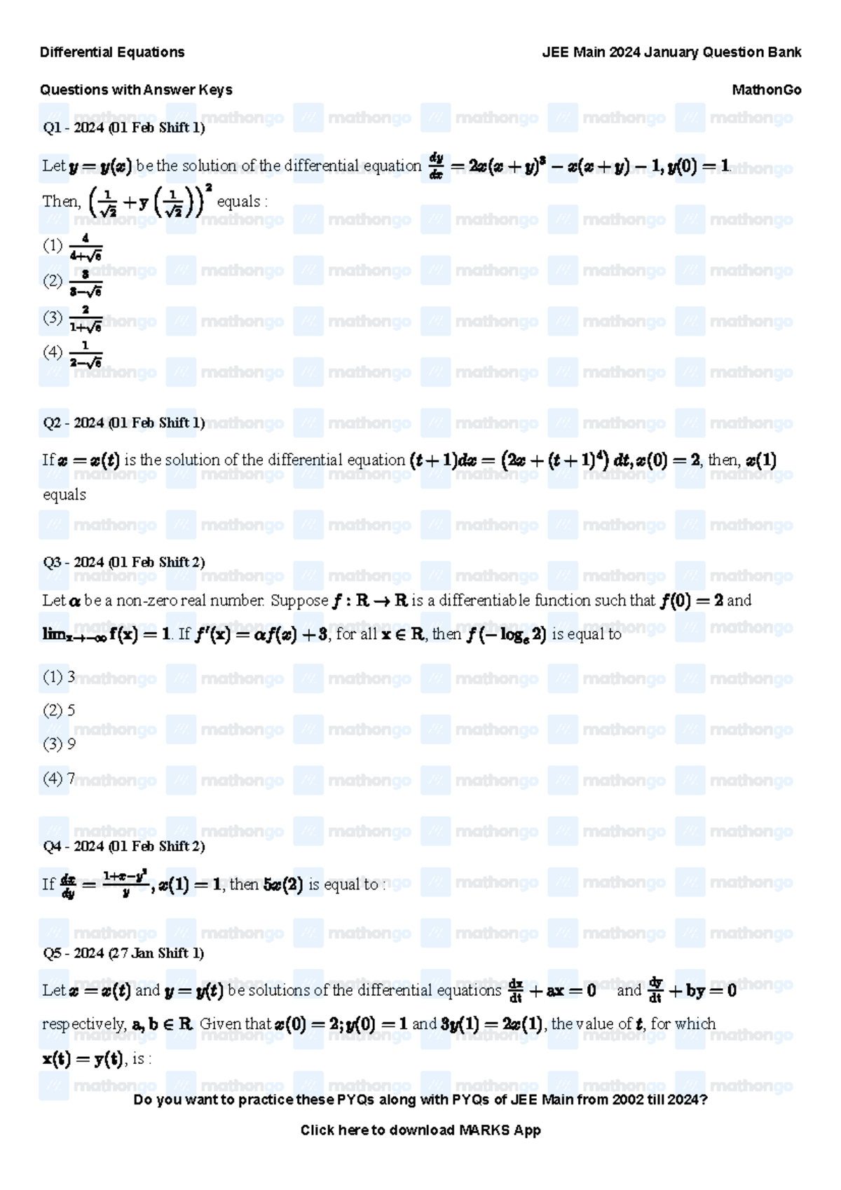 Differential Equations - JEE Main 2024 January Question Bank - Mathon ...