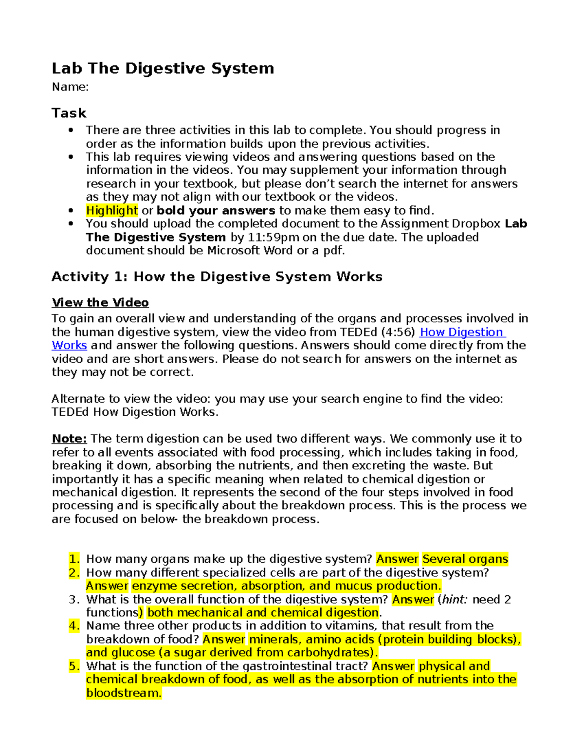 Lab The Digestive System 23F - Lab The Digestive System Name: Task ...