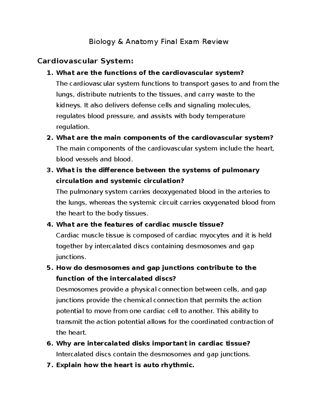 Bio Exam Review - Biology & Anatomy Final Exam Review Cardiovascular ...