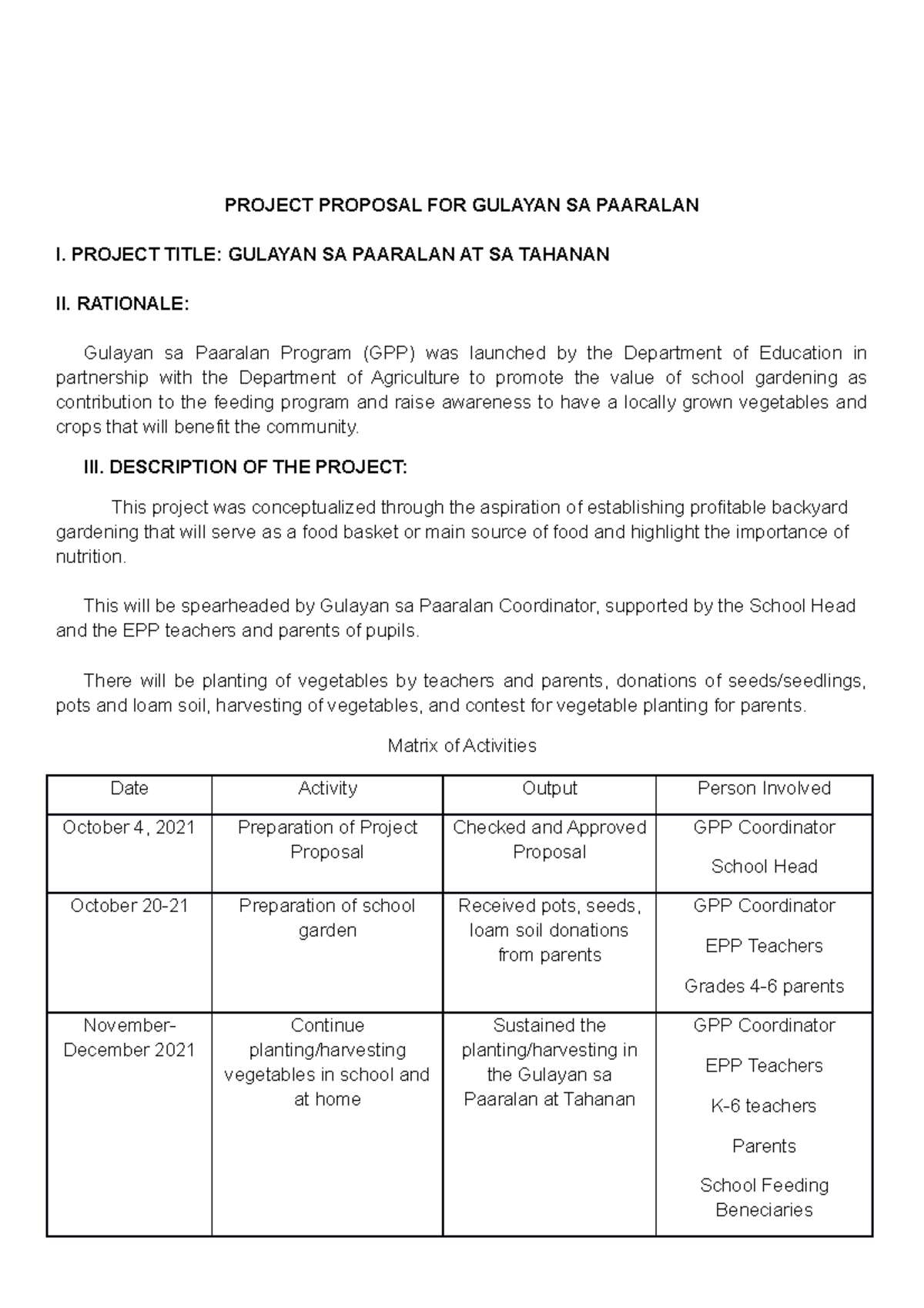 Project Proposal FOR Gulayan SA Paaralan PROJECT PROPOSAL FOR GULAYAN 