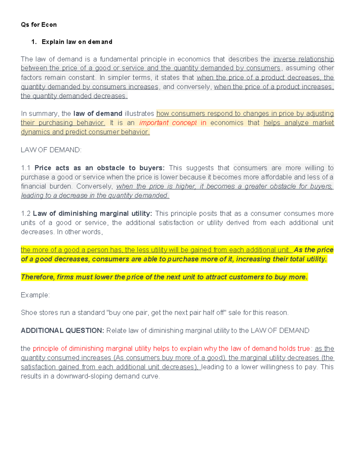 ECON Chapter 3 Notesss - lecture - Qs for Econ 1. Explain law on demand ...