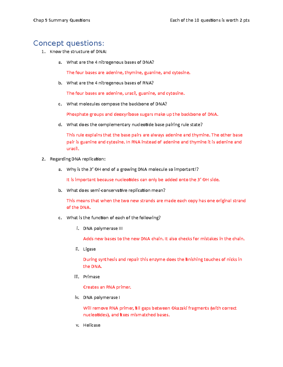 Chap 9 Summary Questions - Concept questions: Know the structure of DNA ...
