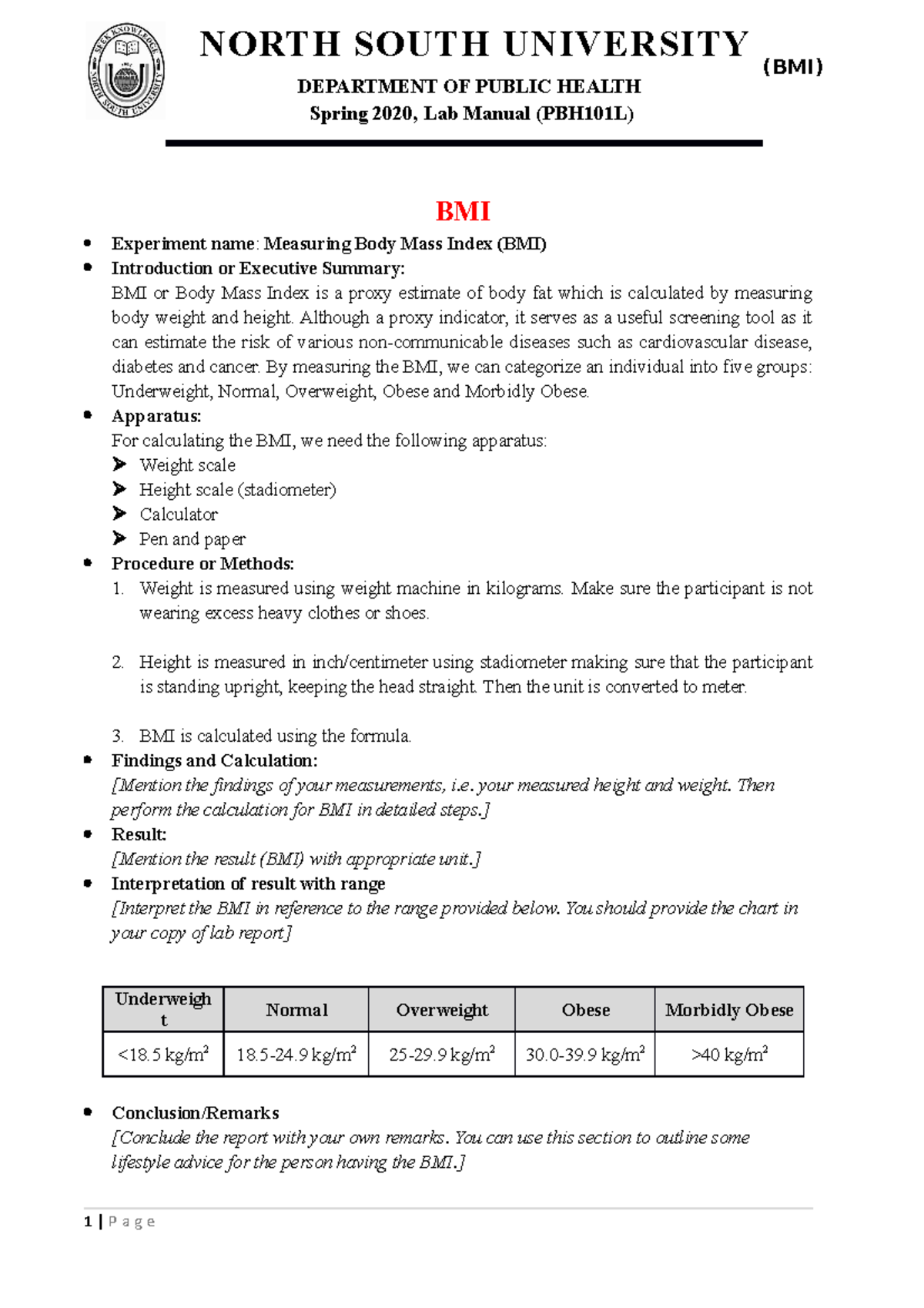 Bmi Lab Manual Spring 2020 North South University Bmi Department Of Public Health Spring 4604