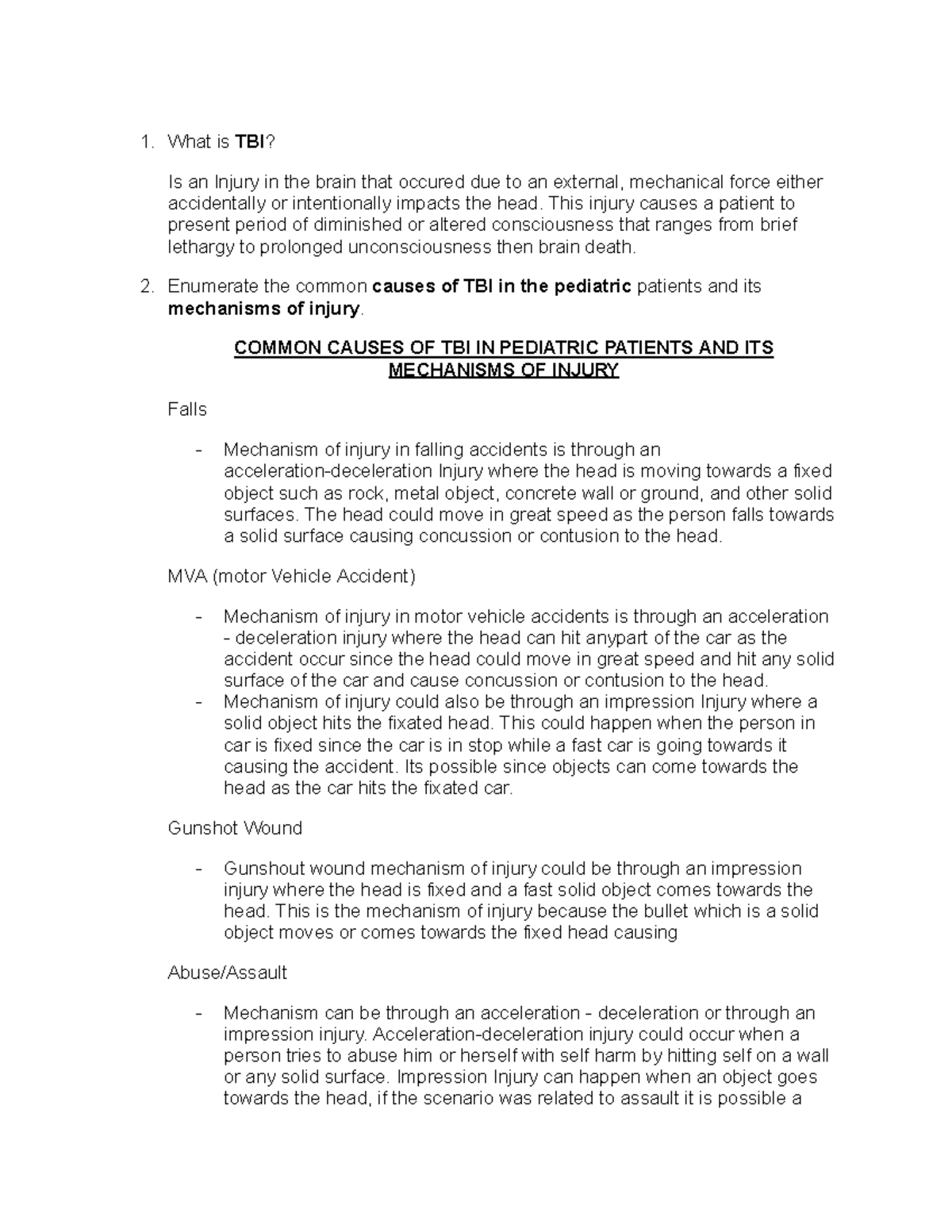 Pediatric TBI and SCI - My Recent course work with provided guide ...