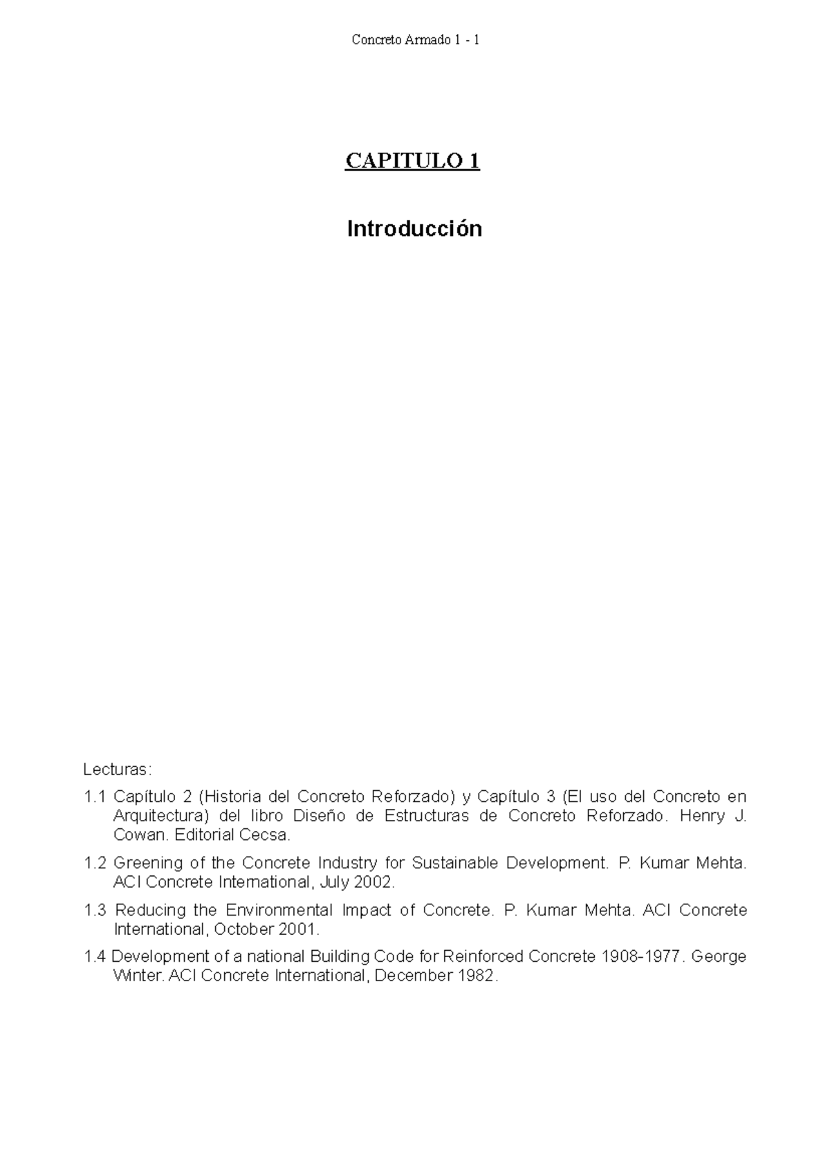 Cap01 Introduccion - concreto armado - CAPITULO 1 Introducción Lecturas: 1 Capítulo 2 (Historia ...