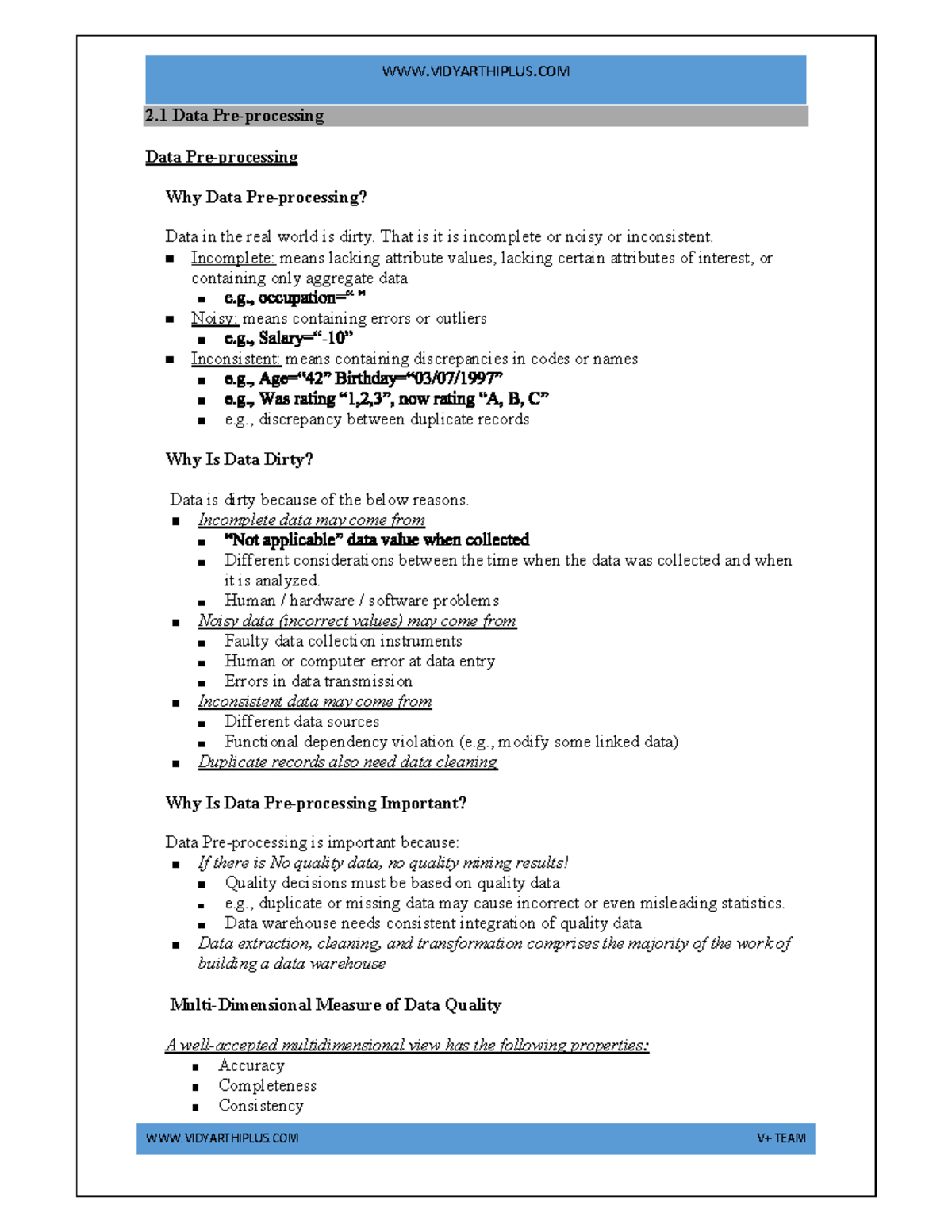 Lecture 6 Data Pre-processing - WWW.VIDYARTHIPLUS WWW.VIDYARTHIPLUS V+ TEAM 2 Data Pre ...