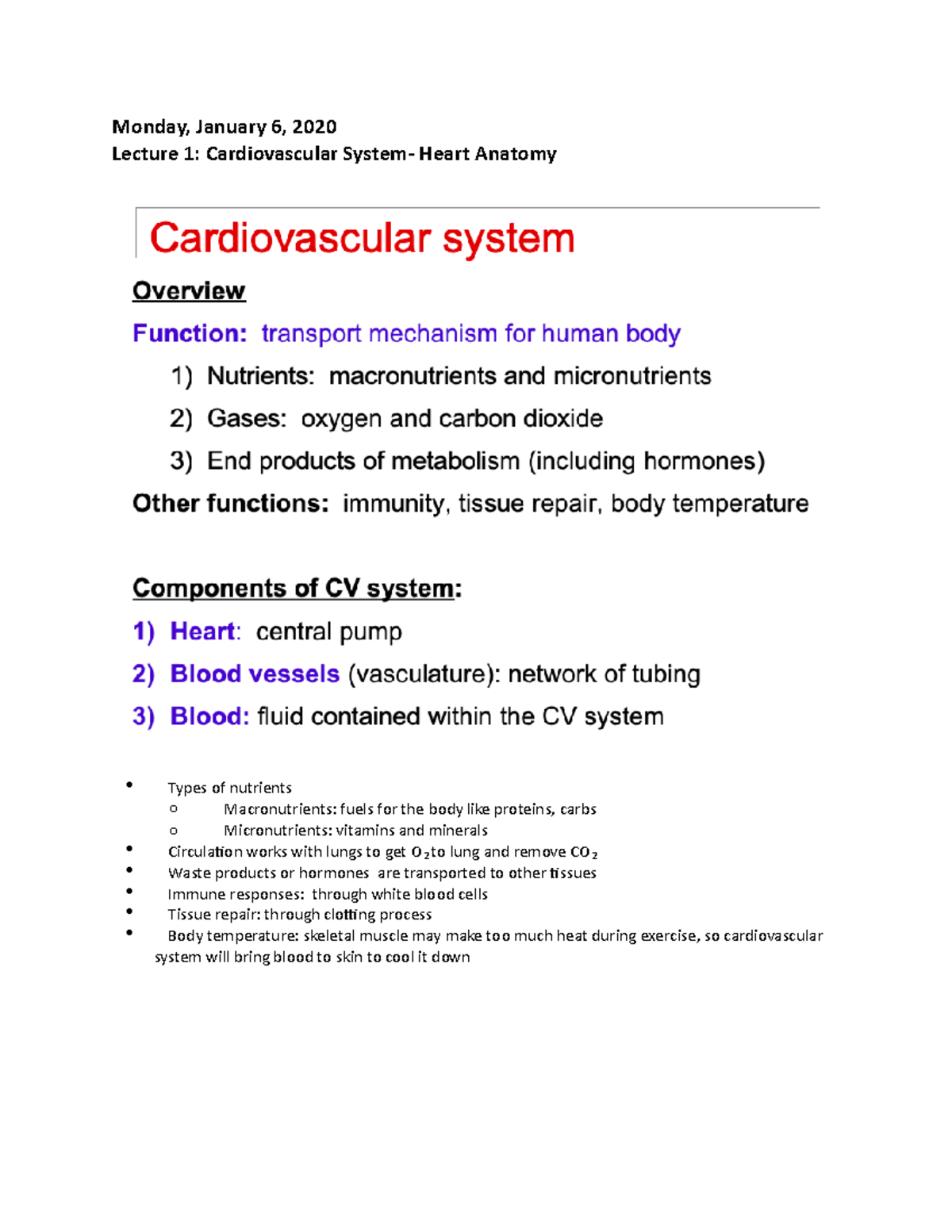 Lecture 1- Cardiovascular System- Heart Anatomy - Monday, January 6 ...