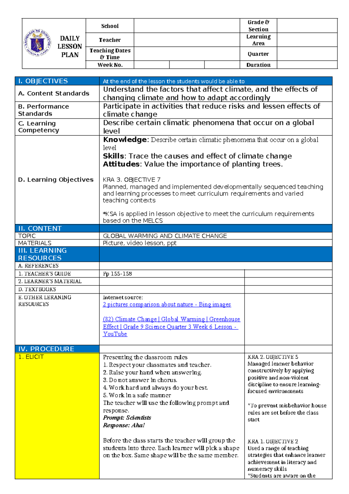 Climate Change - DAILY LESSON PLAN School Grade & Section Teacher ...