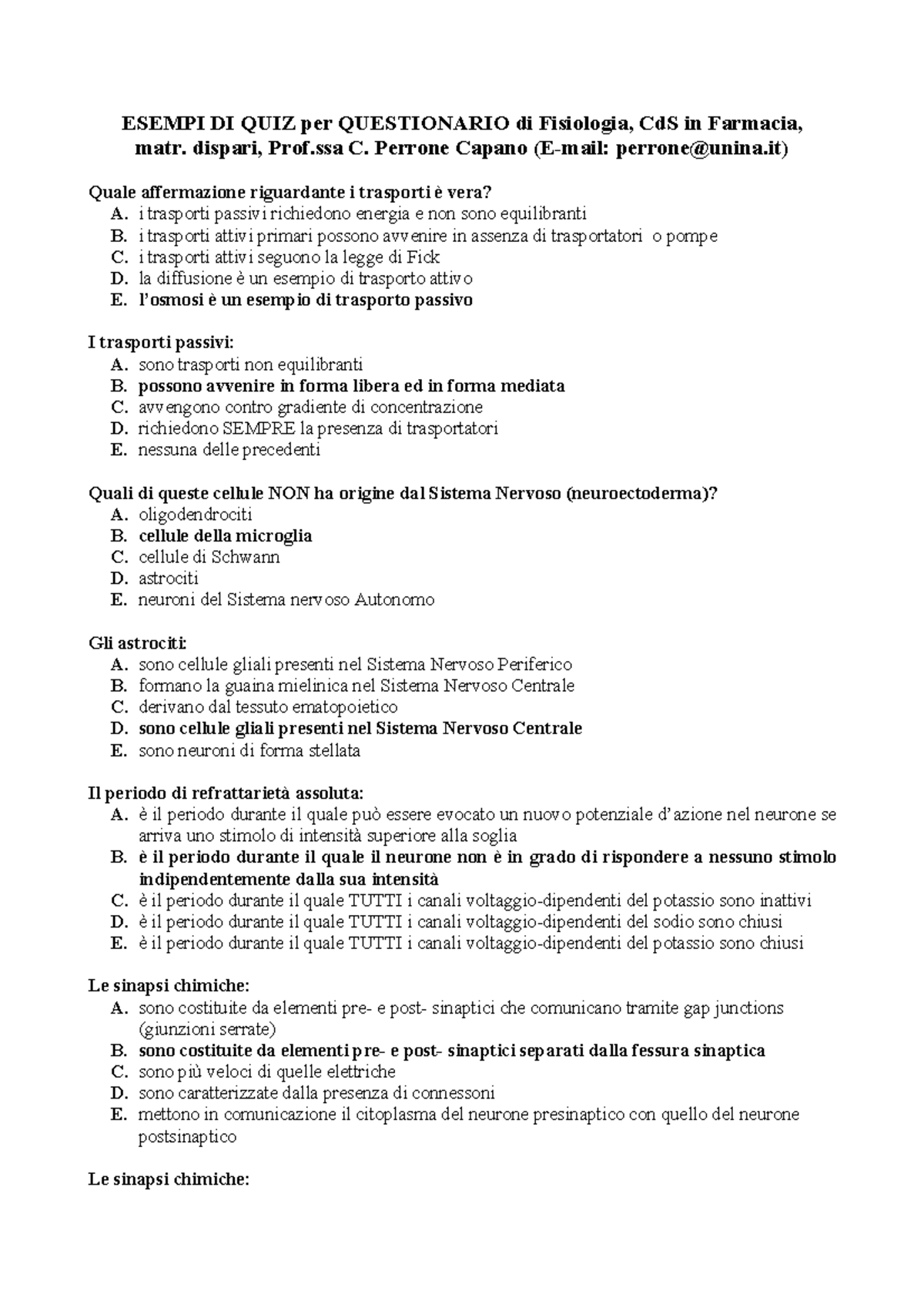 Esempi di quiz per questionario, Cd S in Farmacia, matr. dispari ...