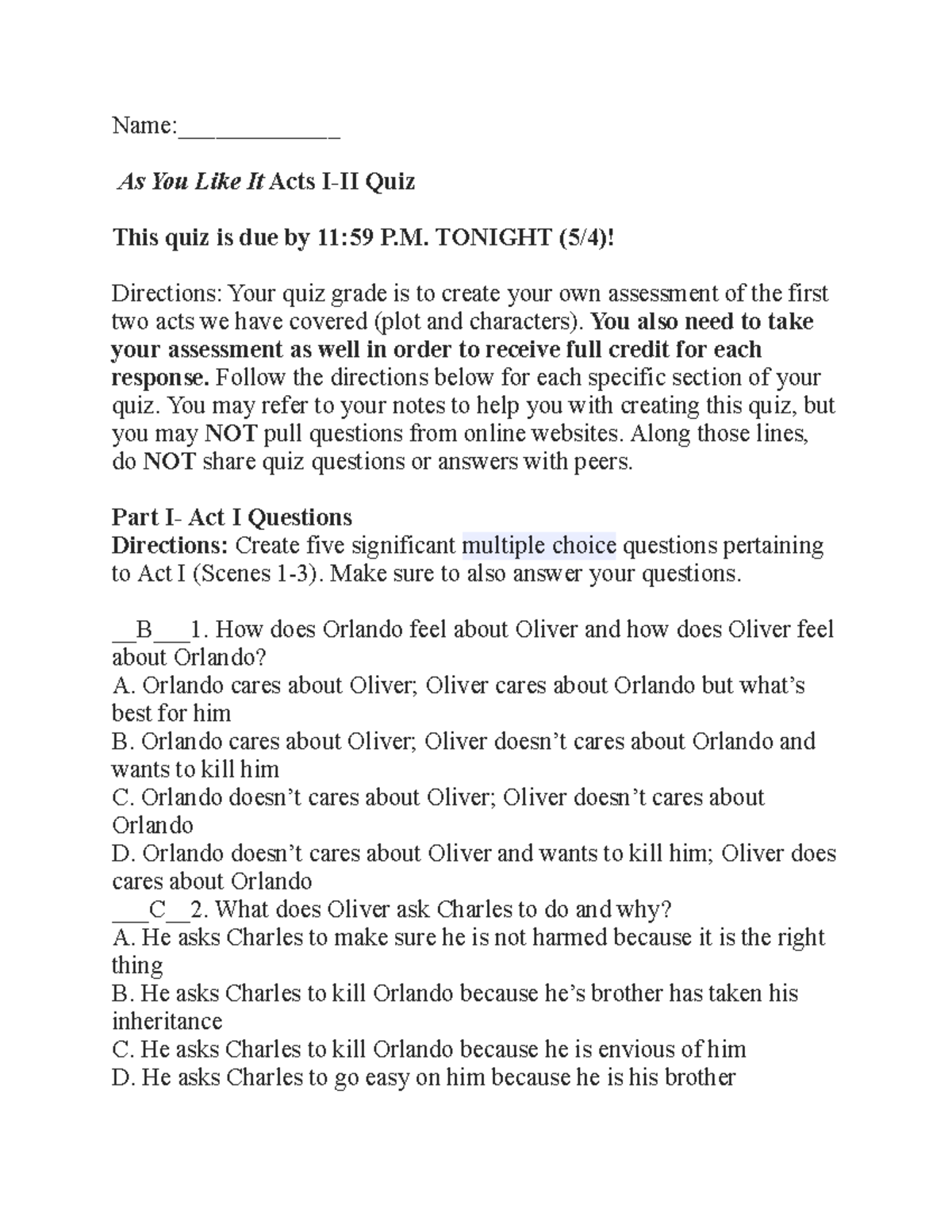 Untitled - As you like it assignment - Name:_____________ As You Like ...