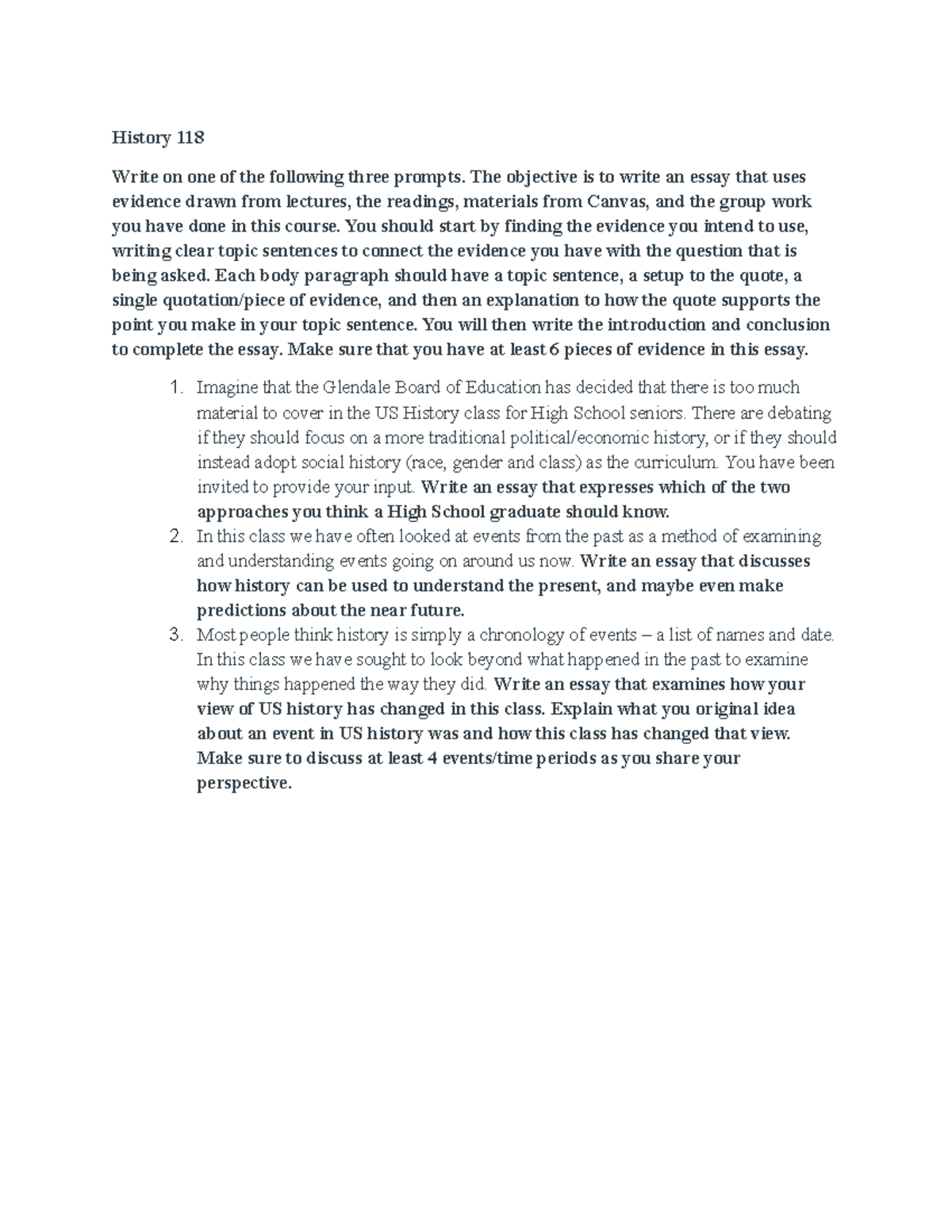 Final Essay - History 118 Write on one of the following three prompts ...