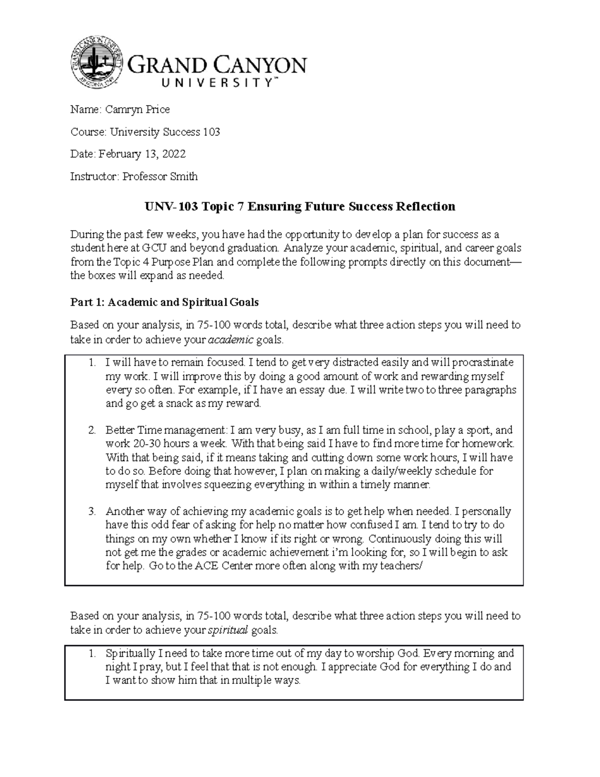 University Success Reflection Last assignment - UNV-103 - GCU - Studocu