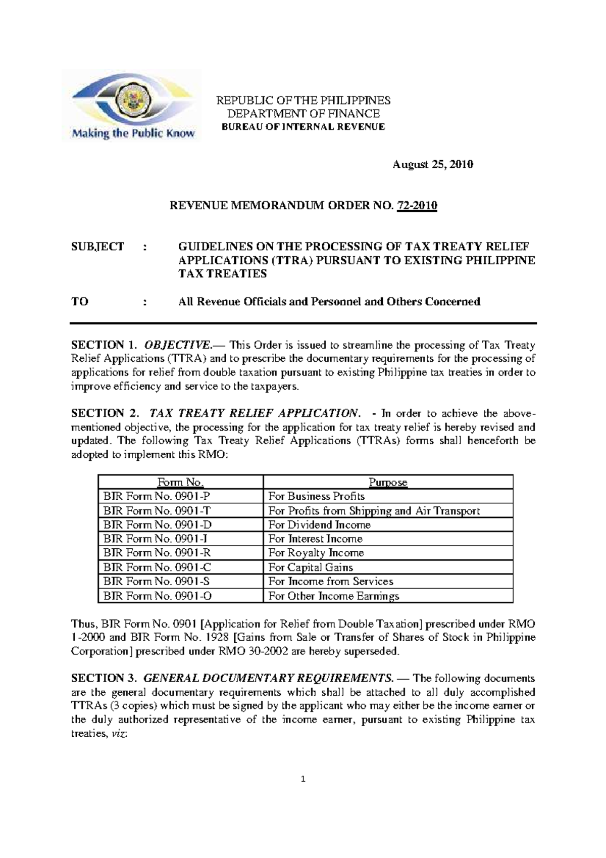 RMO 72-2010 - Guidelines on the processing of TTRA - REPUBLIC OF THE ...
