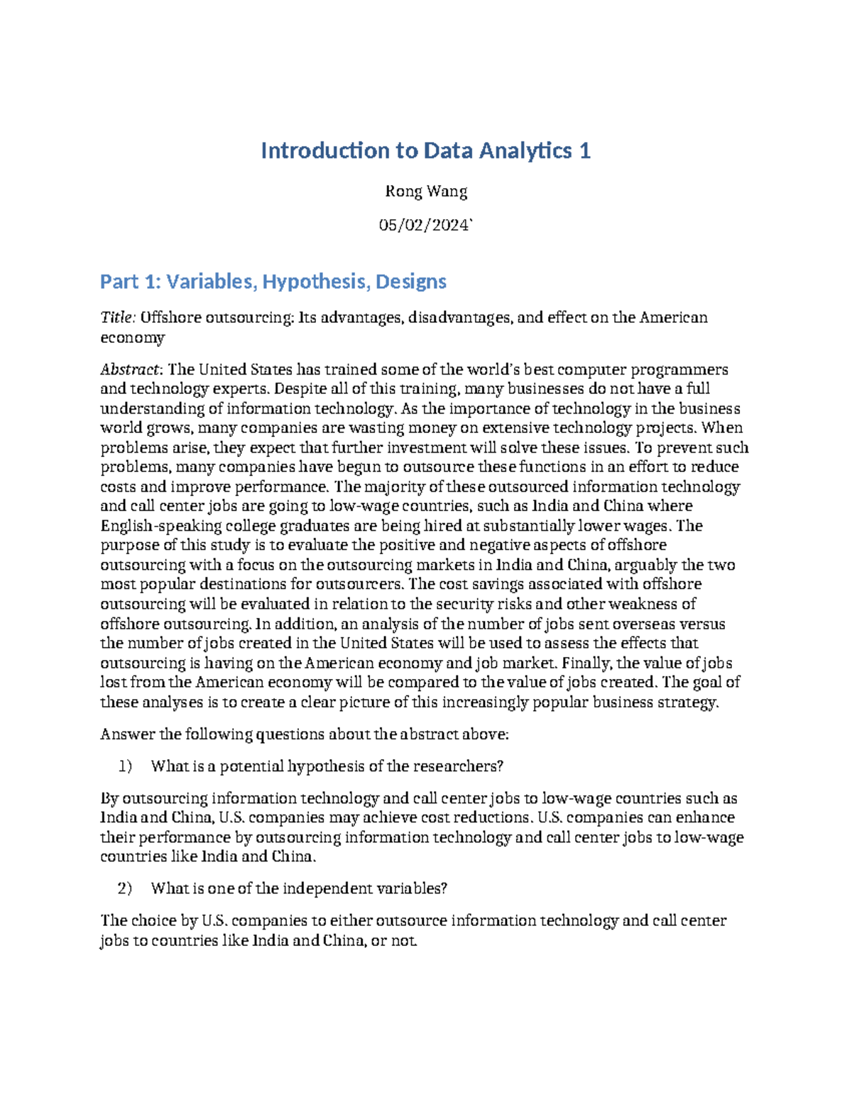 03 lab - Introduction to Data Analytics 1 Rong Wang 05/02/2024` Part 1 ...
