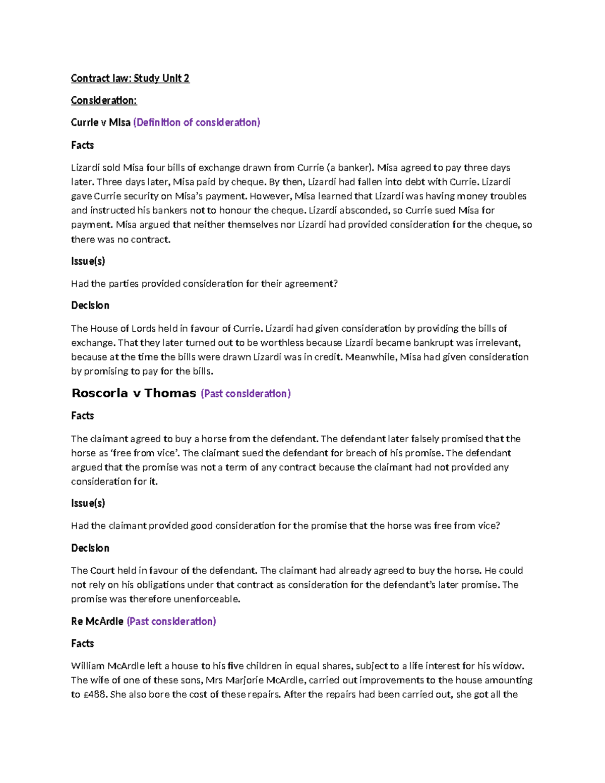 Consideration cases - Contract law: Study Unit 2 Consideration: Currie ...