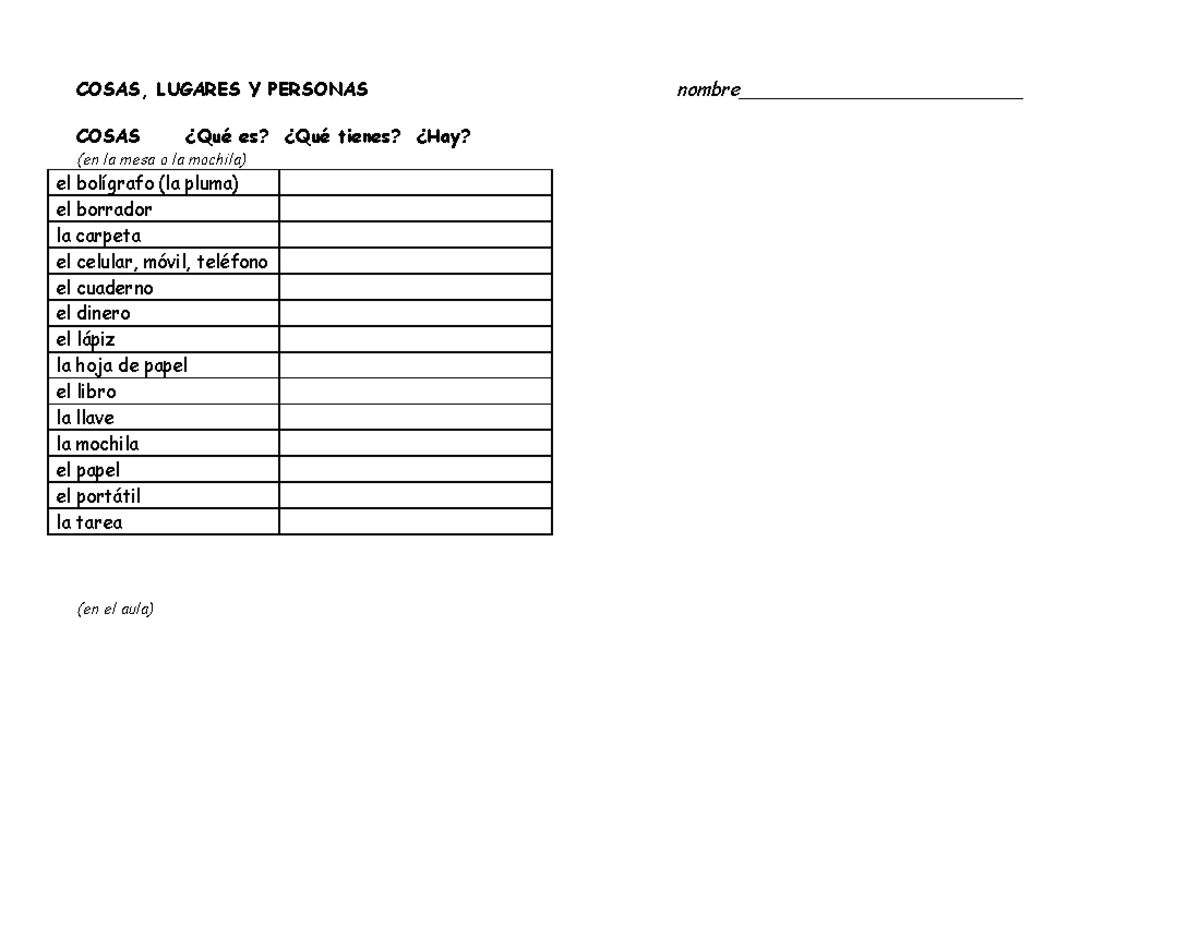 1 Vocab Seasons numbers LIST FILL - COSAS, LUGARES Y PERSONAS nombre