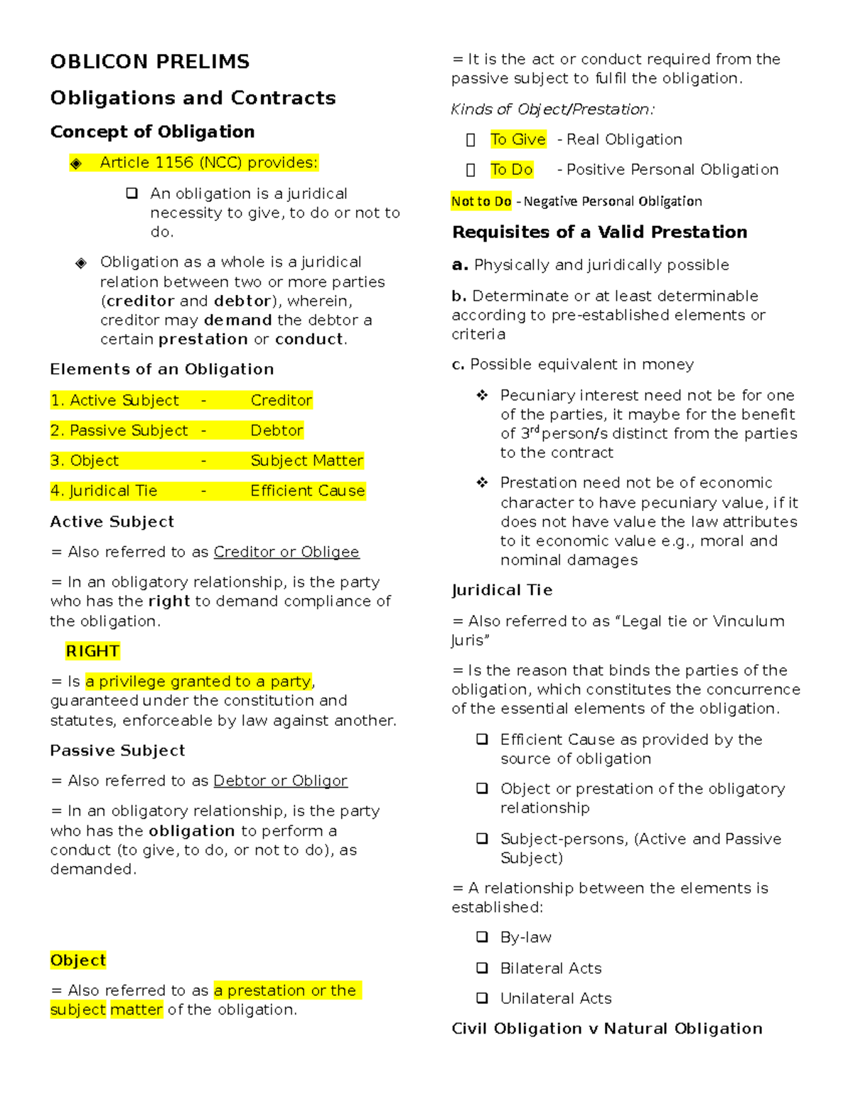Oblicon- Prelims - Reviewer - OBLICON PRELIMS Obligations and Contracts ...