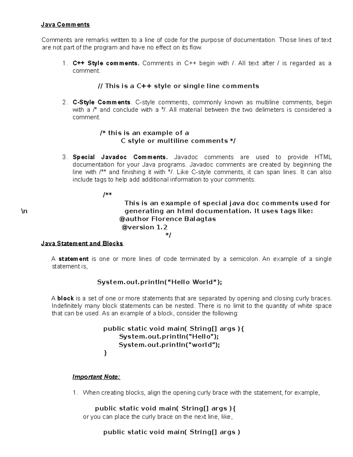 Java Comments Statement And Blocks Identifiers Java Comments Comments Are Remarks Written To