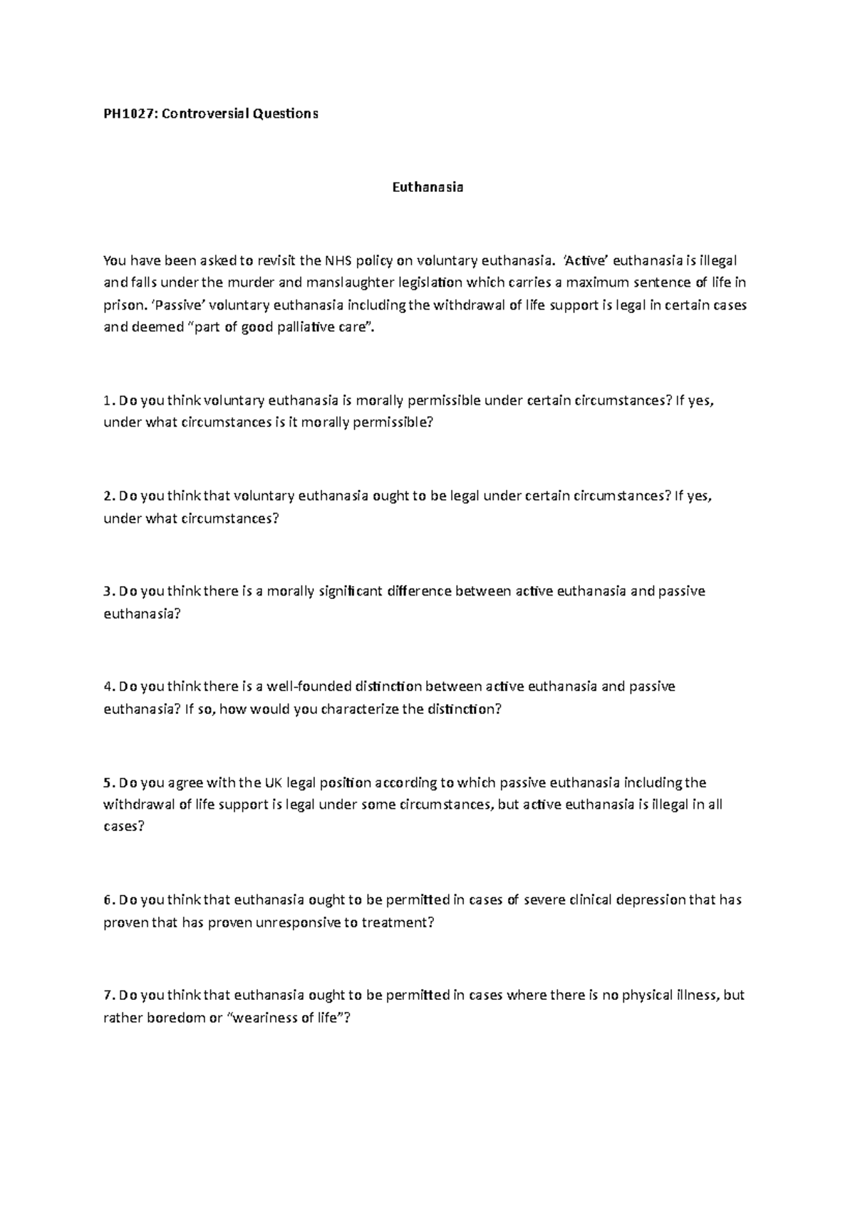 Week 4 - Tutorial Handout - The Ethics of Euthanasia - PH1027 ...