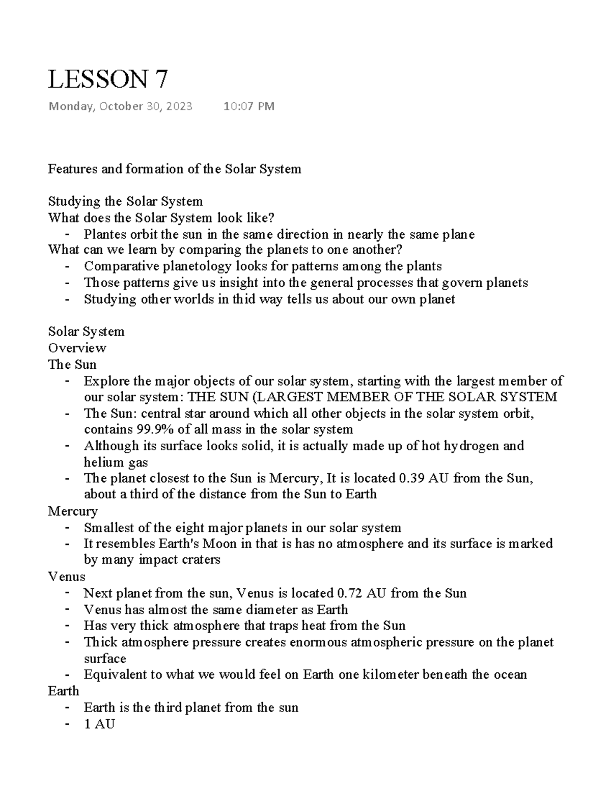 Lesson 7 - notes - Features and formation of the Solar System Studying ...