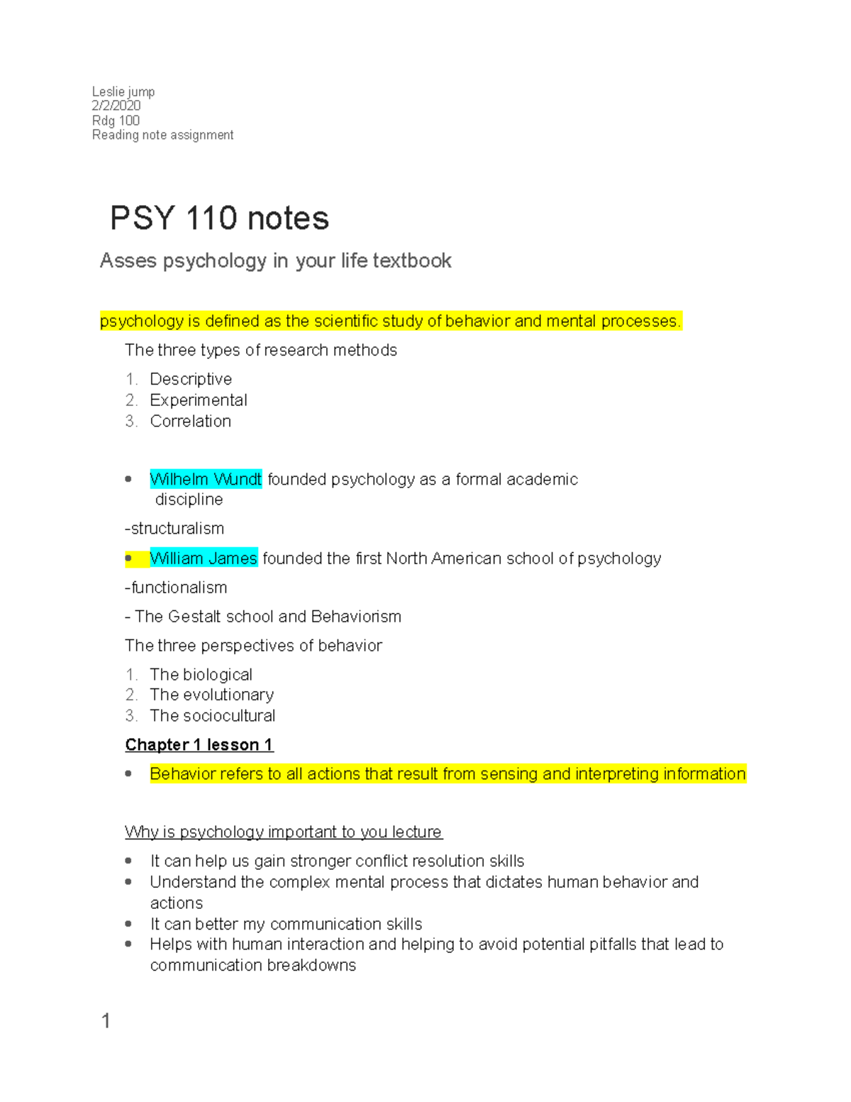 Psy 110 notes - 2/2/ Rdg 100 Reading note assignment PSY 110 notes ...