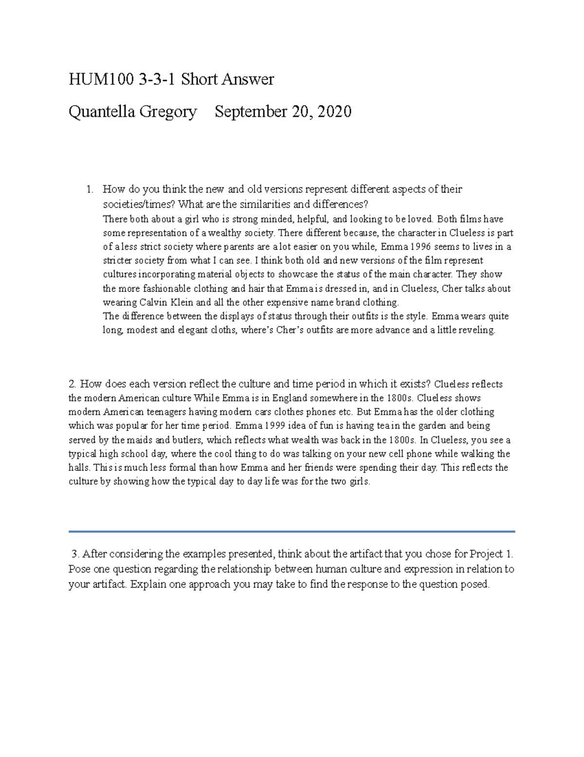HUM100 3tella 202020 - HUM100 3-3-1 Short Answer Quantella Gregory ...