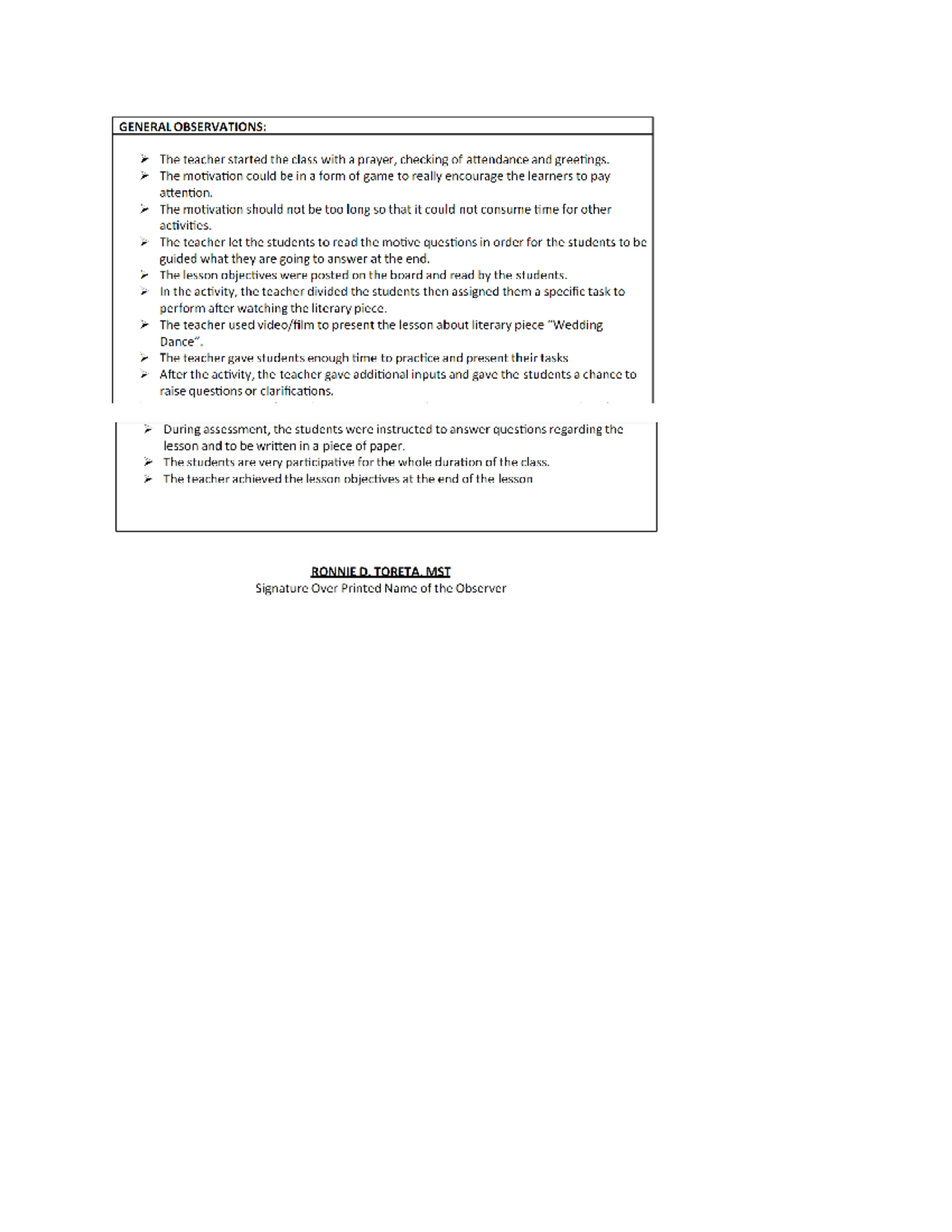 Sample observation notes - GENERAL OBSERVATIONS: The teacher started ...