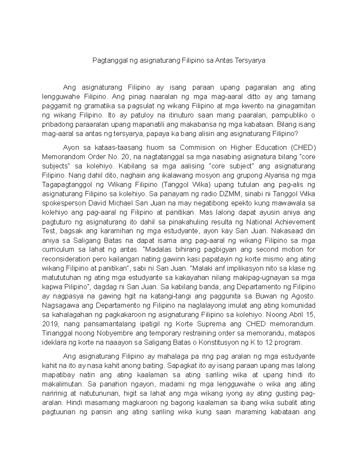 Editoryal - short essay - Pagtanggal ng asignaturang Filipino sa Antas ...