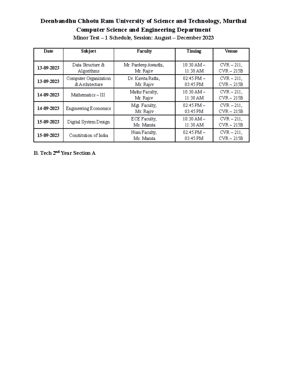 Sessional 1 Csed Computer Science And Engineering Department Minor Test 1 Schedule Session