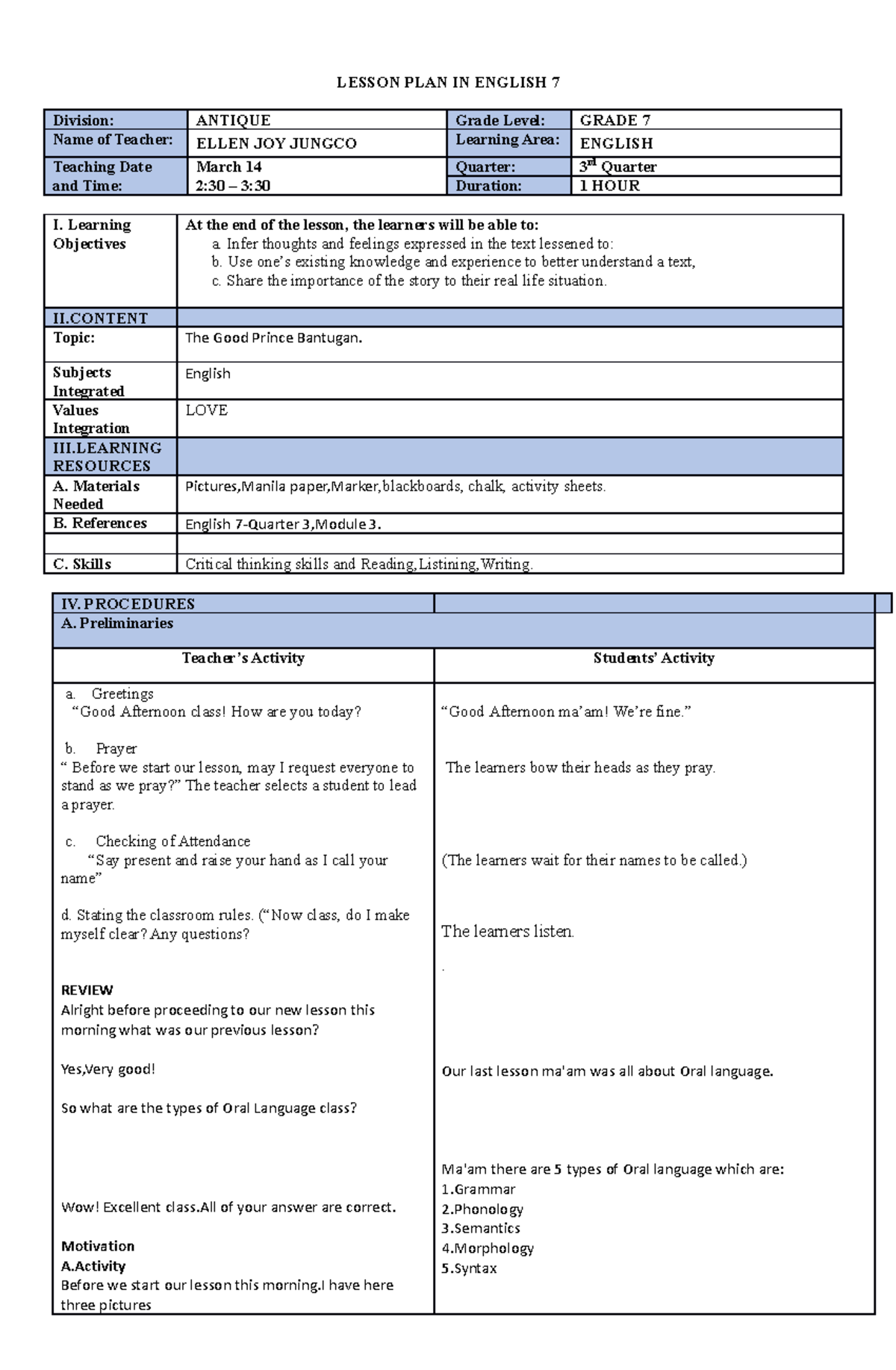 Final lp in english 7 module 3 - LESSON PLAN IN ENGLISH 7 Division ...