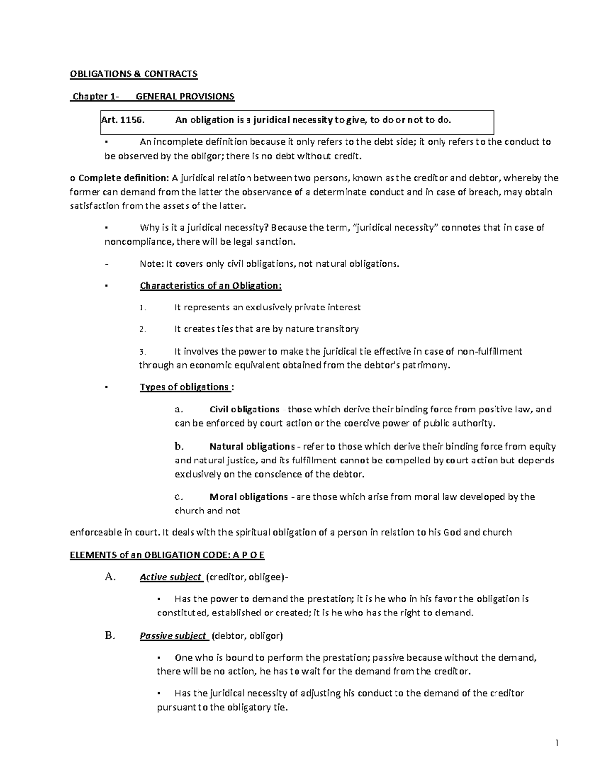 Obligations-and-Contracts - OBLIGATIONS & CONTRACTS Chapter 1- GENERAL PROVISIONS Art. 1156. An ...