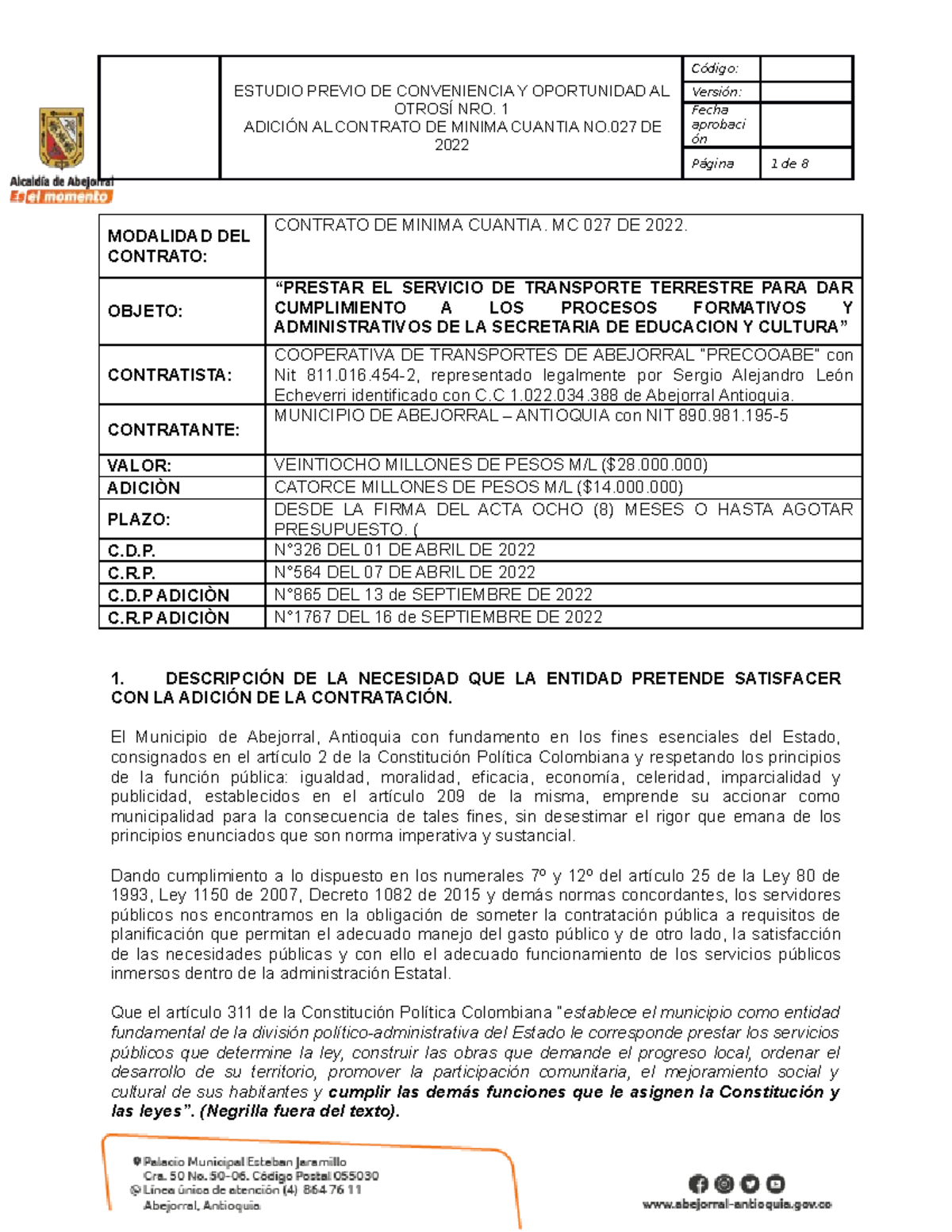 Modalidad DEL Contrato - ESTUDIO PREVIO DE CONVENIENCIA Y OPORTUNIDAD ...