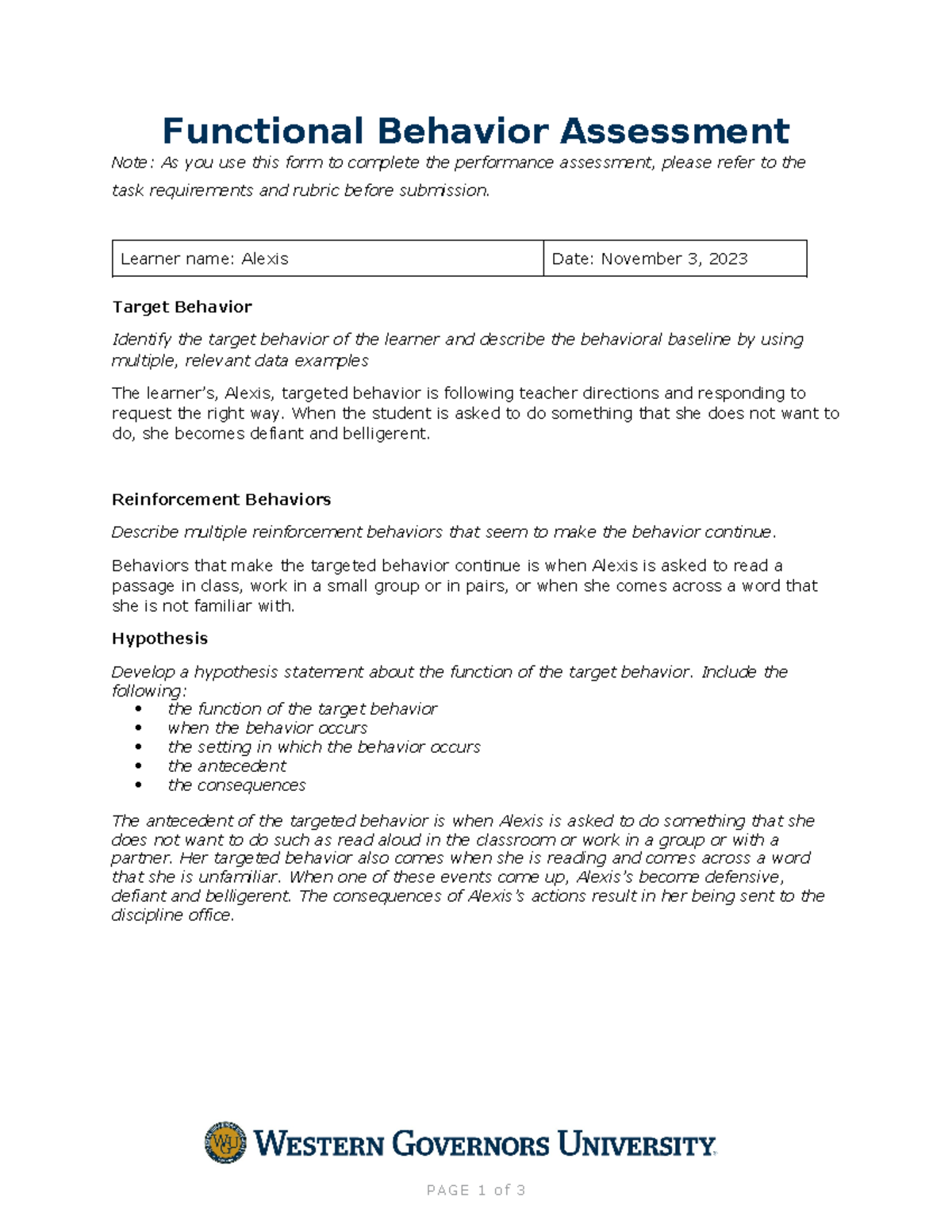 D001 - Task 1 - TASK 1 - Alexis - Functional Behavior Assessment Note ...