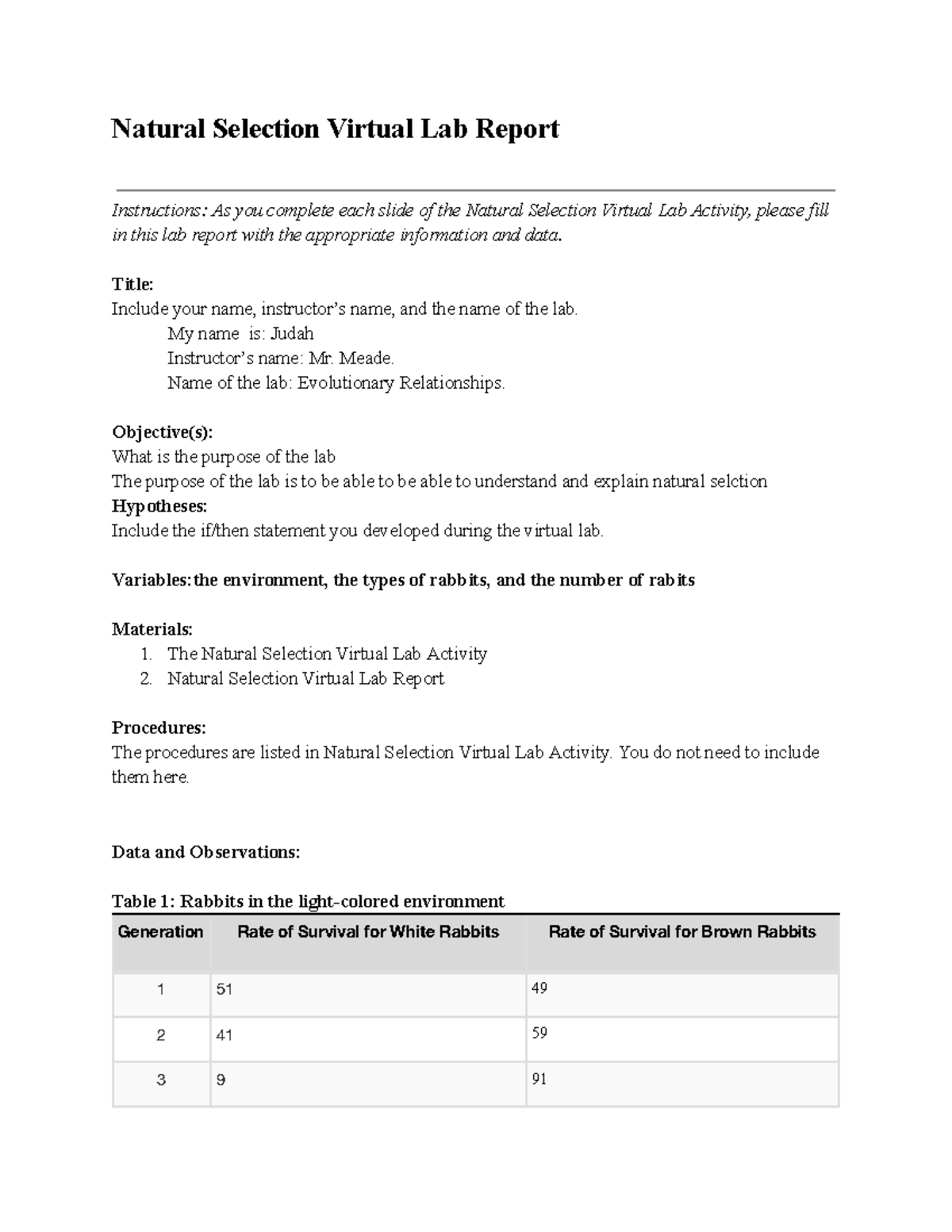 05 02 natural selection lab report - Natural Selection Virtual Lab ...