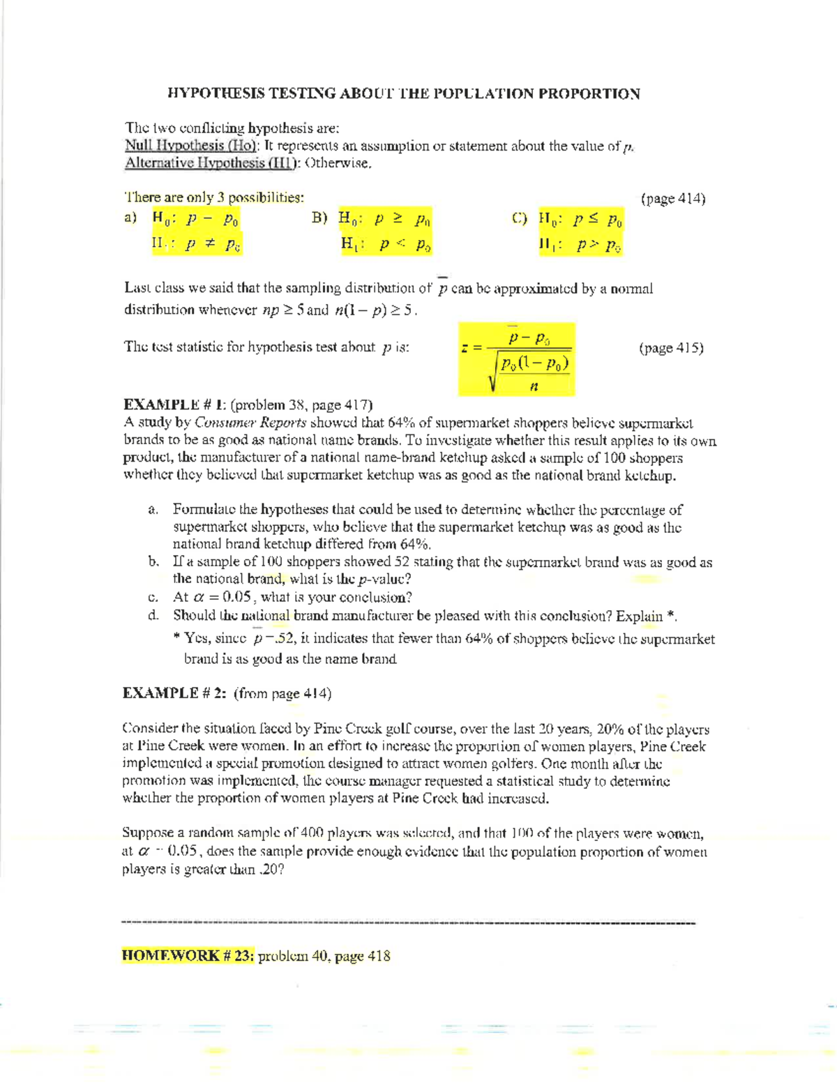 Class 23 - Lecture material - Hypothesis testing about the Population ...
