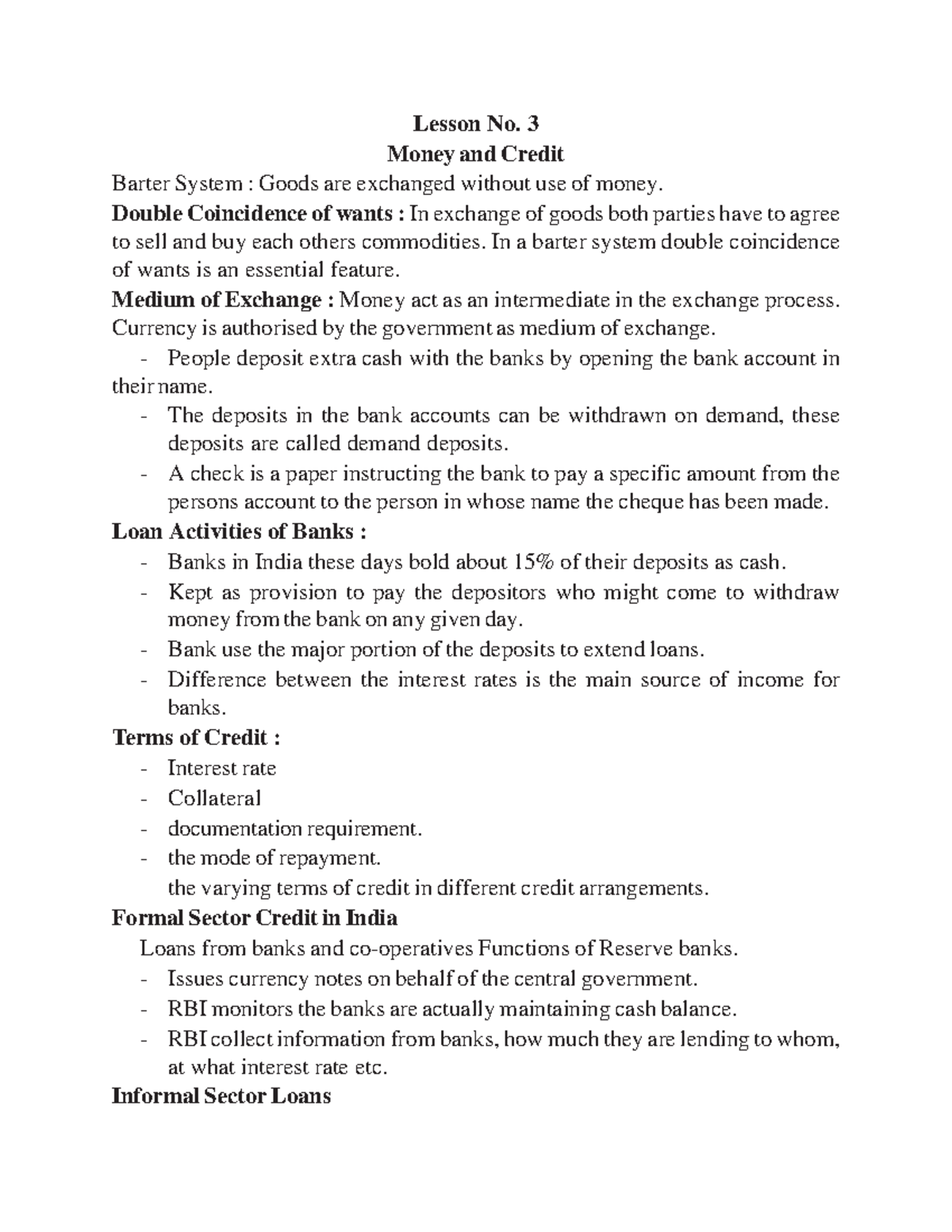 Money and Credit - Lesson No. 3 Money and Credit Barter System : Goods ...