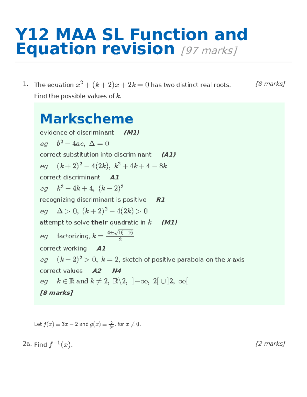 Y12 Maa Sl Functions And Equations Revision Markscheme Y12 Maa Sl Function And Equation